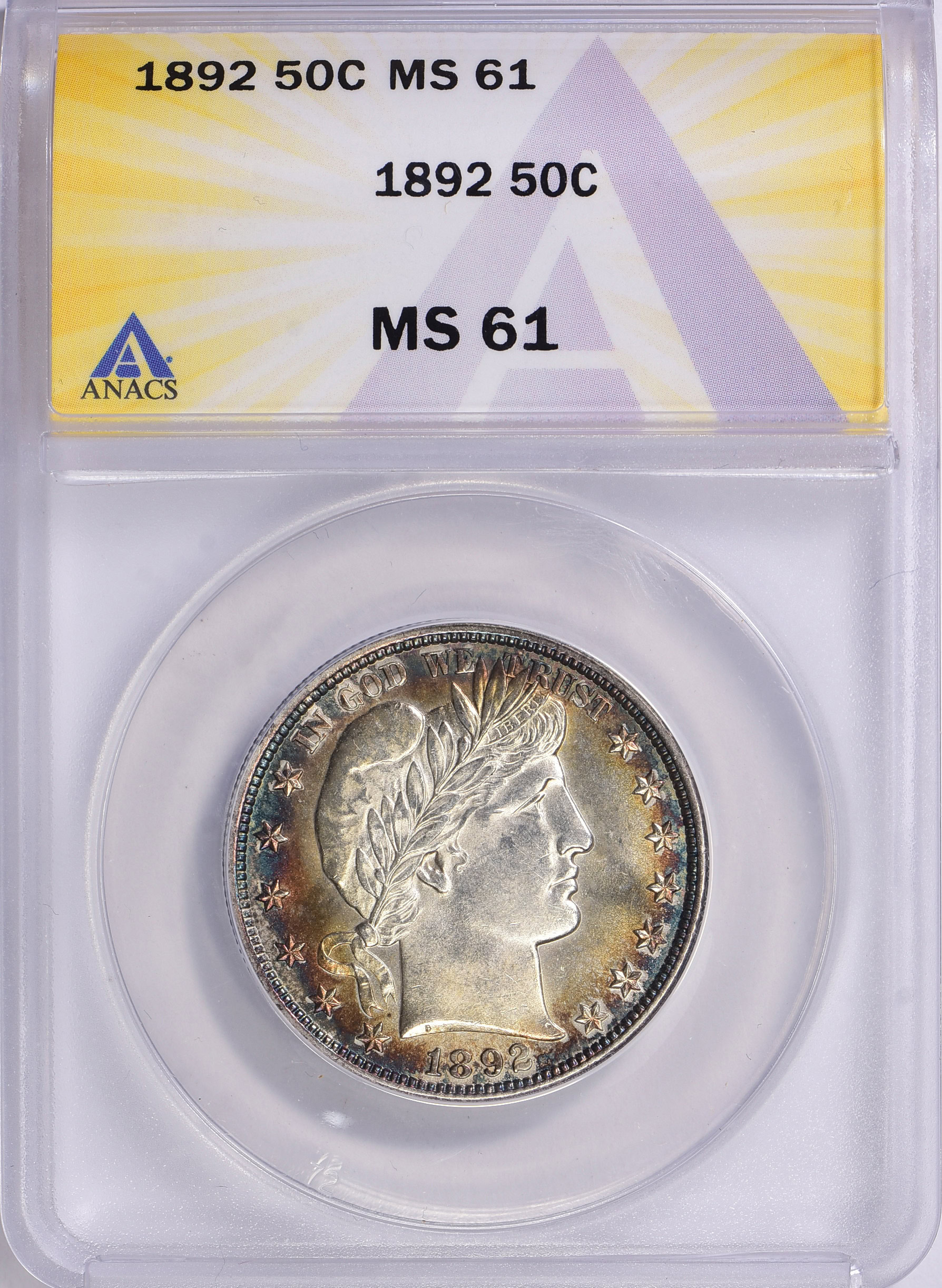 1892 Barber Half Dollar ANACS MS-61 (Toned) (Item 1659246) | GreatCollections Coin Auctions