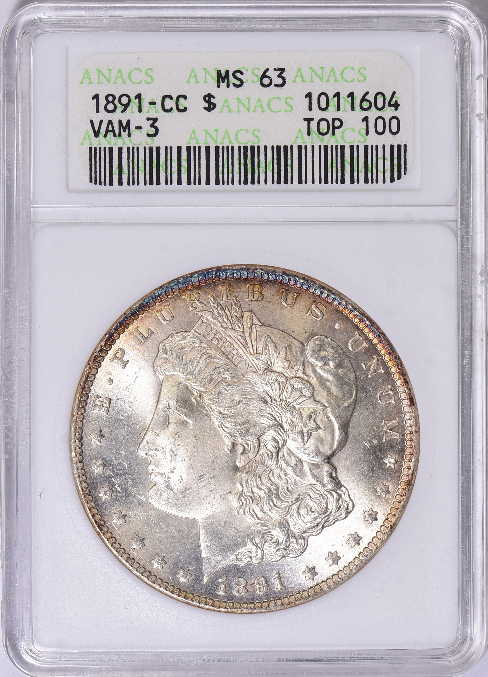 1891-CC Morgan Silver Dollar VAM-3 Top 100 ANACS MS-63 OH (Toned) (Item 1659349 ...