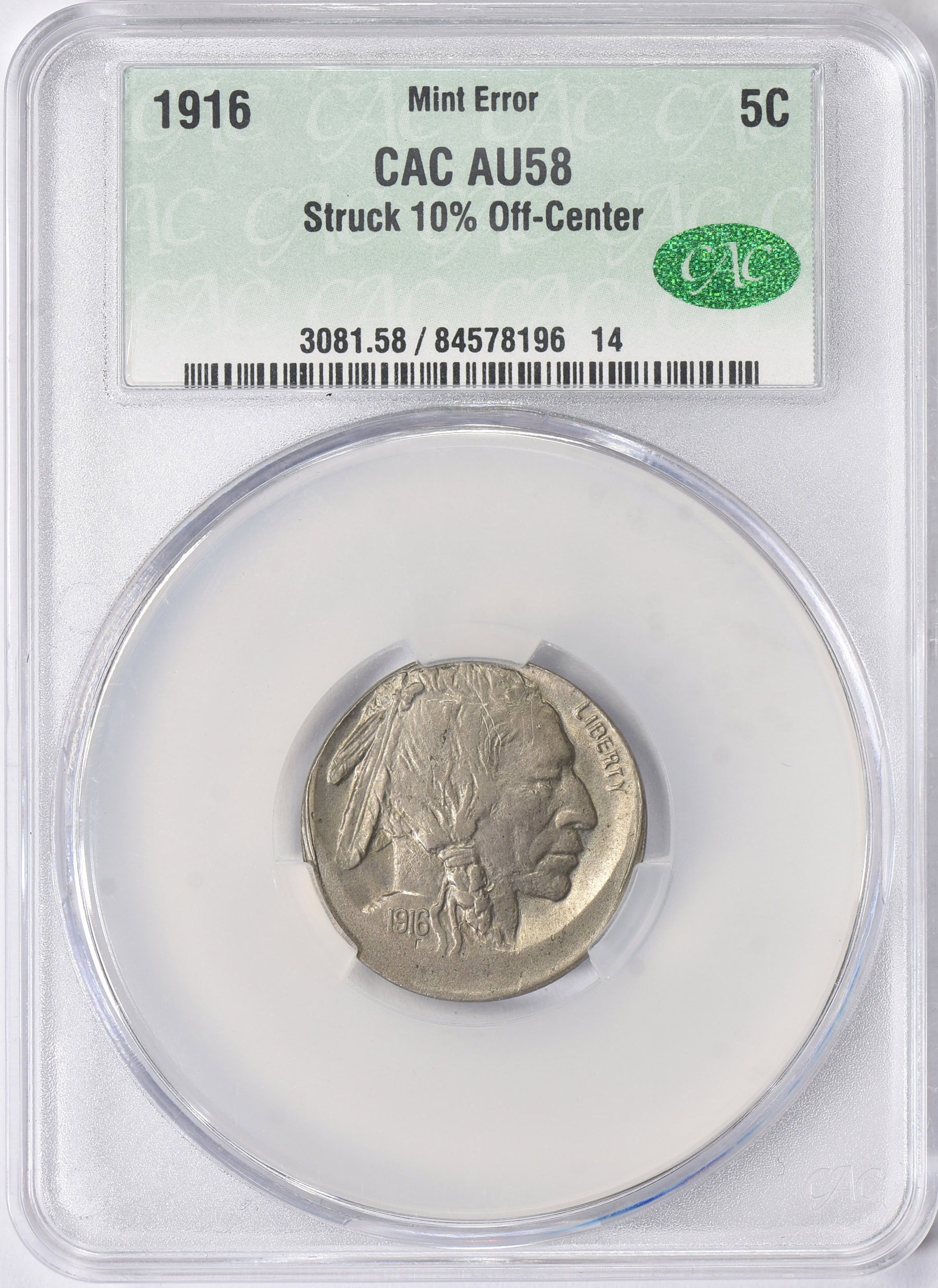 Mint Error 1916 Buffalo Nickel Struck 10% Off Center CACG AU-58 (Item ...