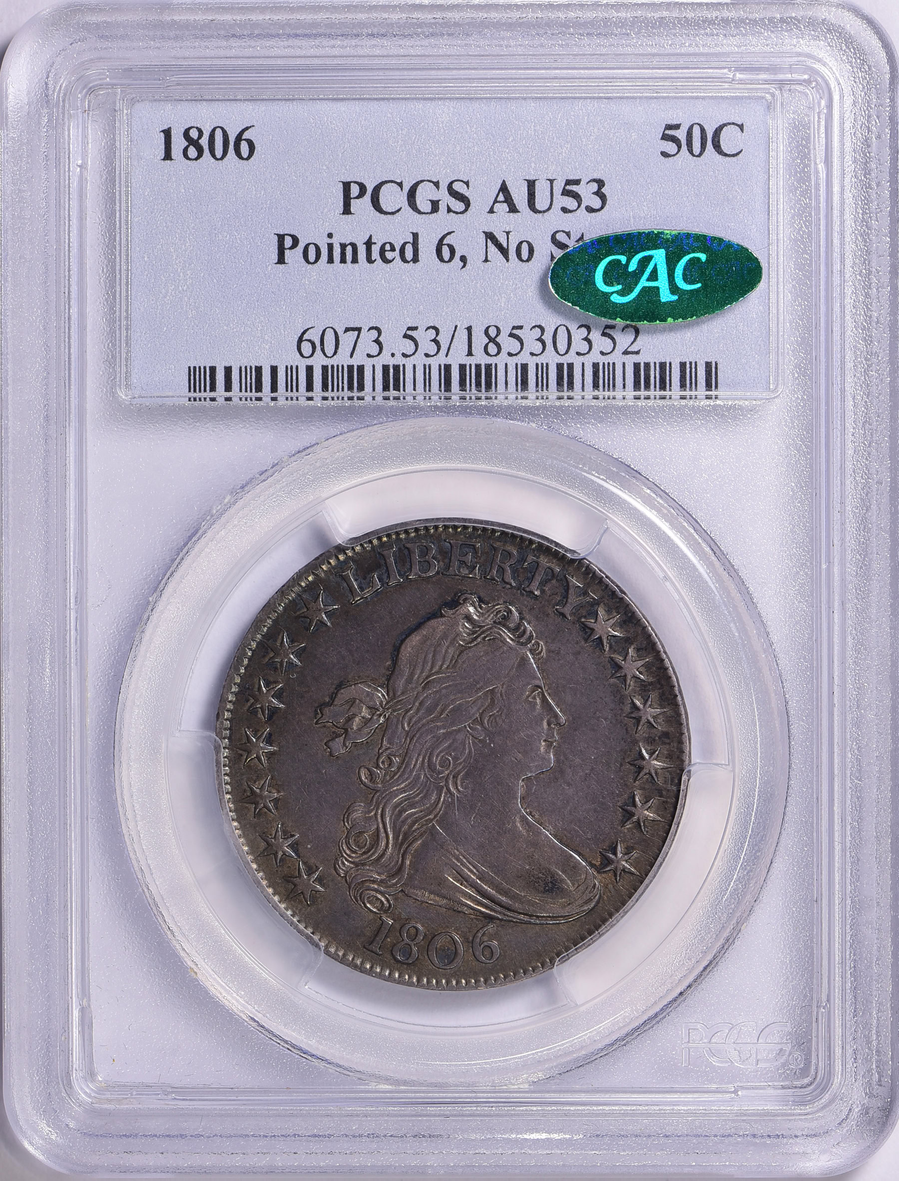 1806 Draped Bust Half Dollar Pointed 6, No Stem PCGS AU-53 (CAC Green) (Toned) (Item 1659497 ...