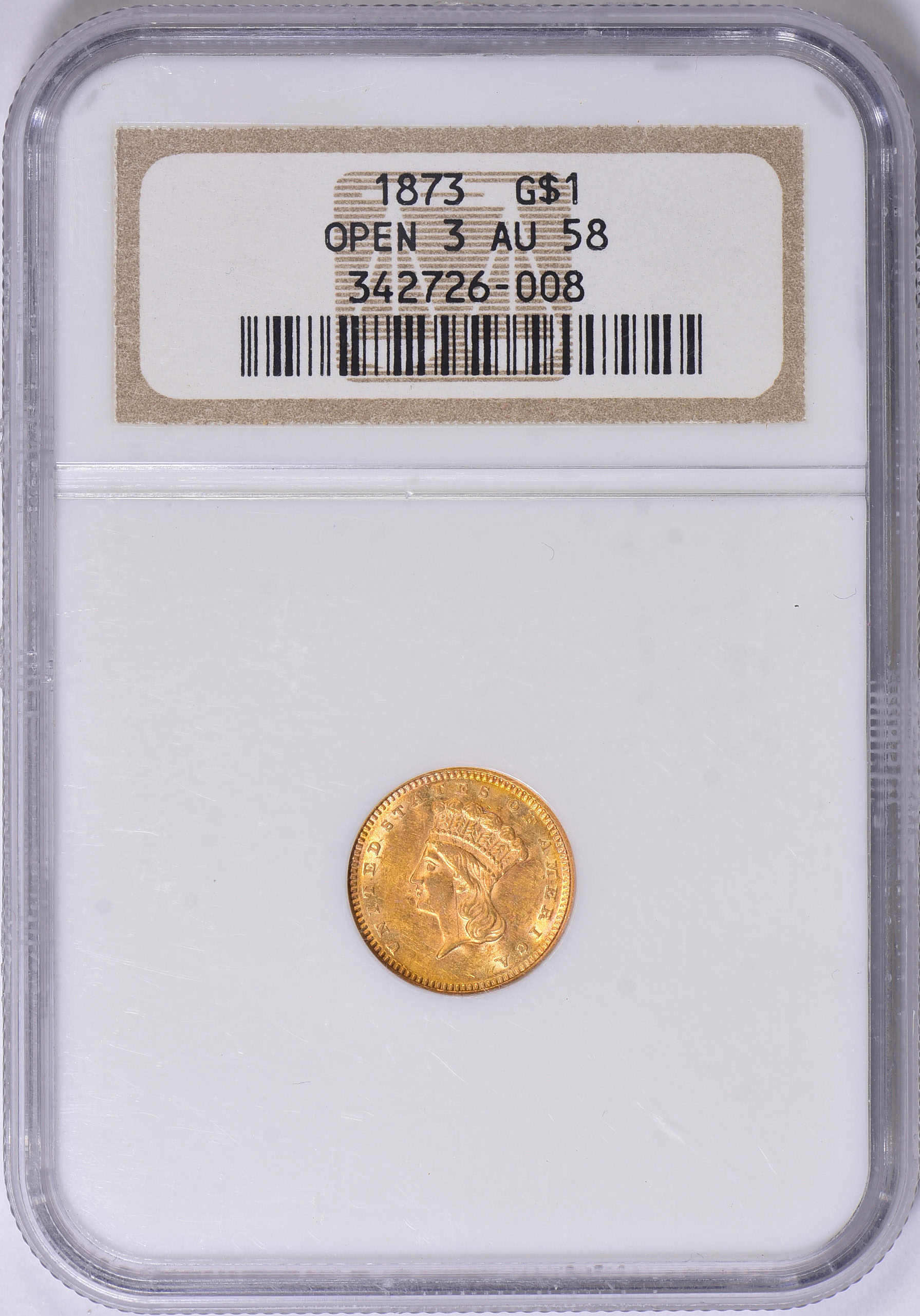 1873 Indian Princess Gold Dollar Open 3 NGC AU-58 (Item 1660139) | GreatCollections Coin Auctions