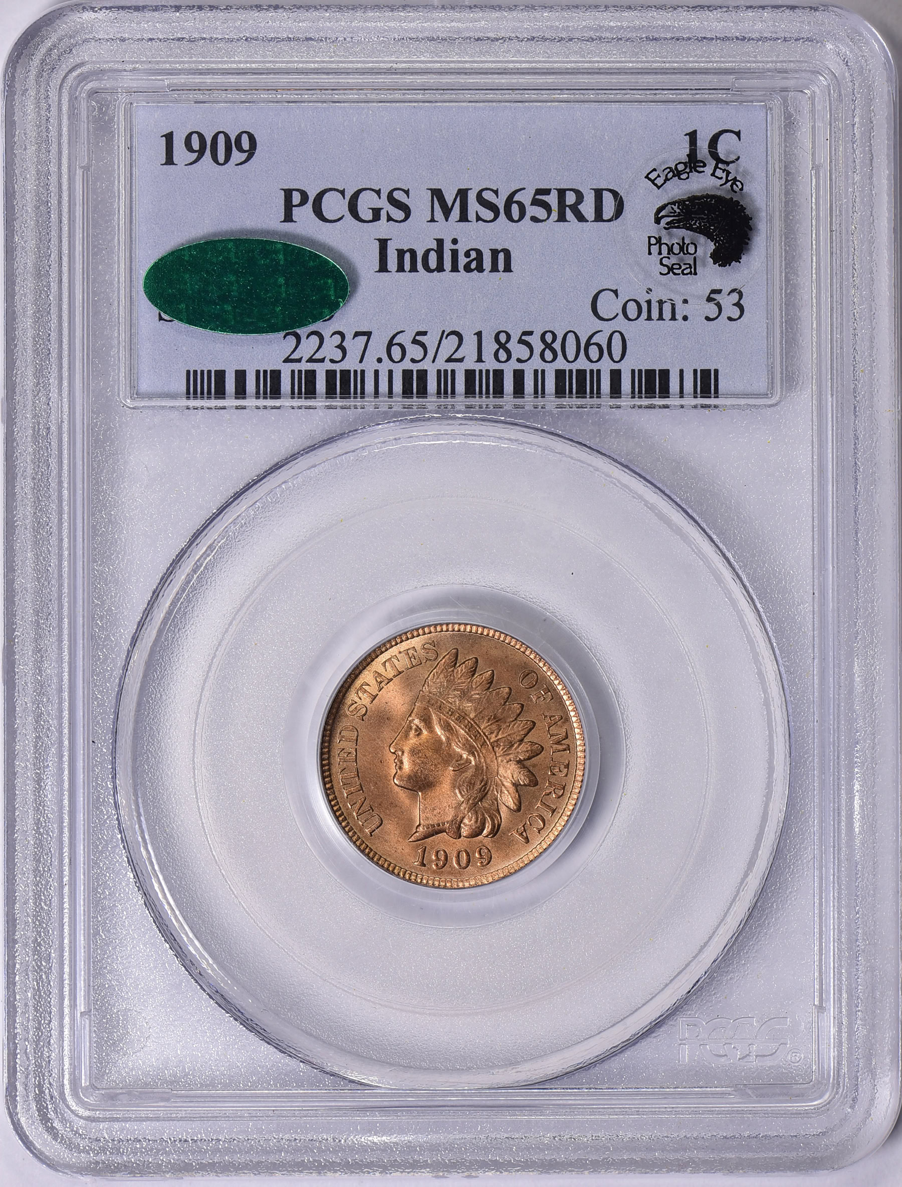 1909 Indian Cent PCGS MS-65 RD (CAC Green) (Eagle Eye Seal) (Item 1660164) | GreatCollections ...