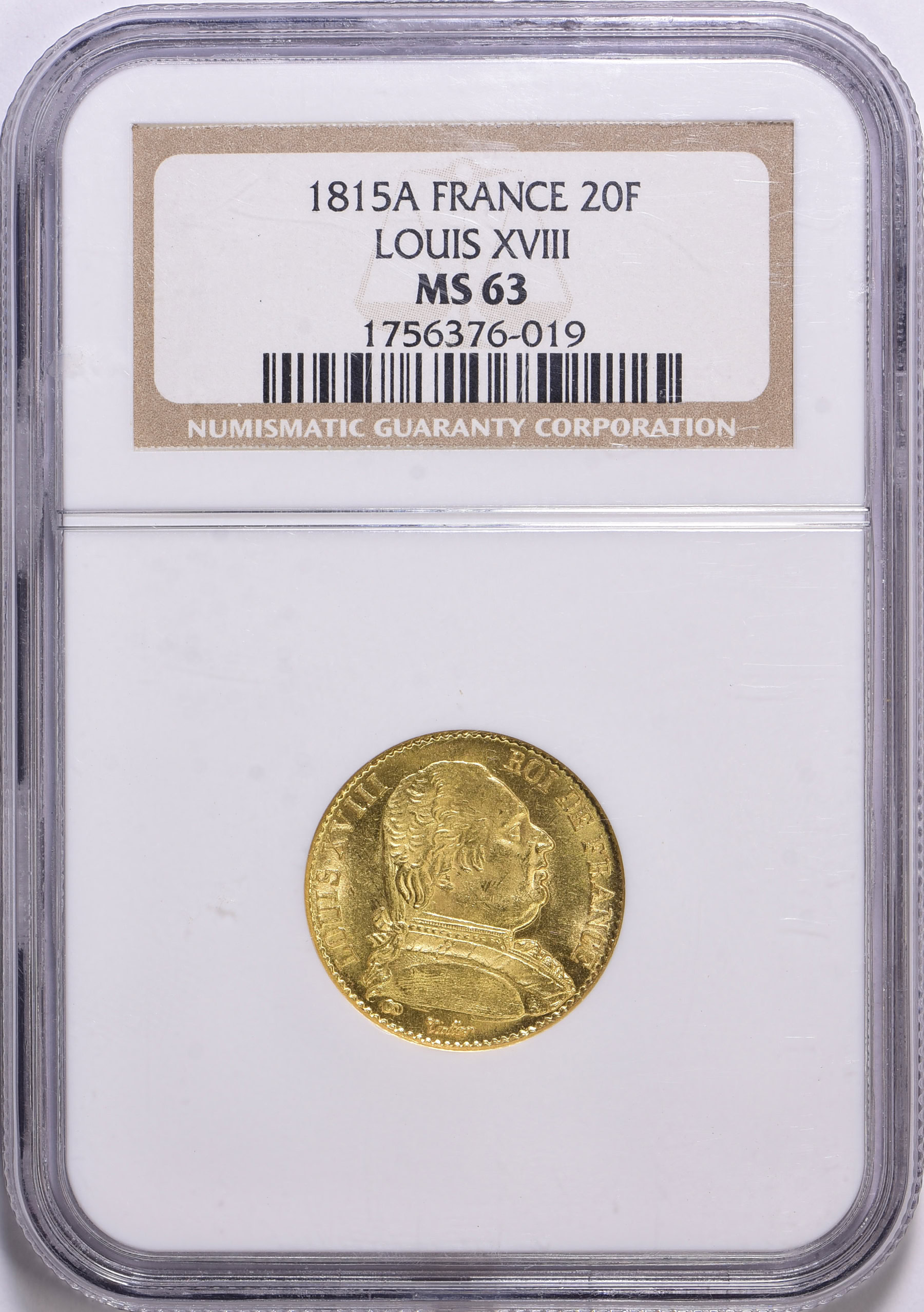 France 1815-A Gold 20 Francs Louis XVIII KM-706.1 NGC MS-63 (AGW = 0.1867 oz.) (Item 1660190 ...