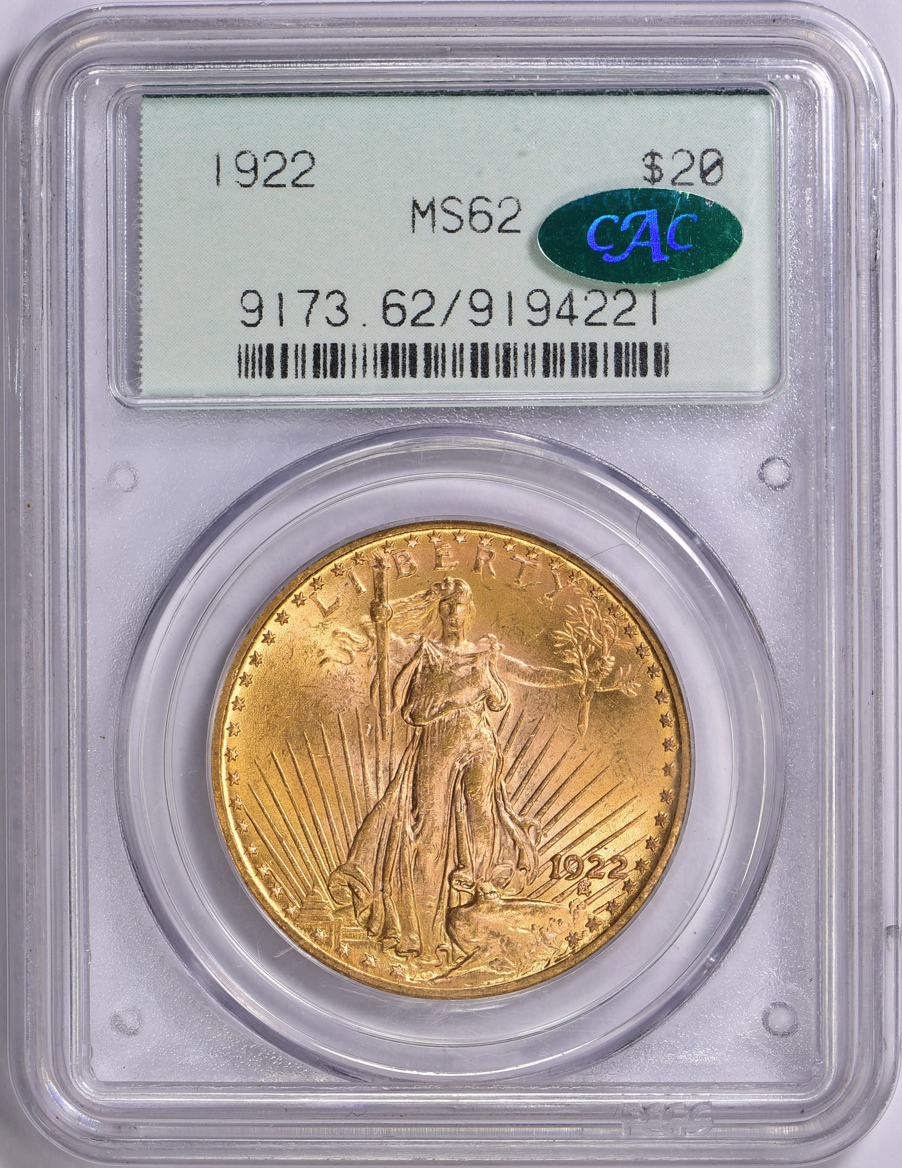 1922 Saint-Gaudens Gold Double Eagle PCGS MS-62 (CAC Green) OGH (2nd Gen) (Item 1660638 ...
