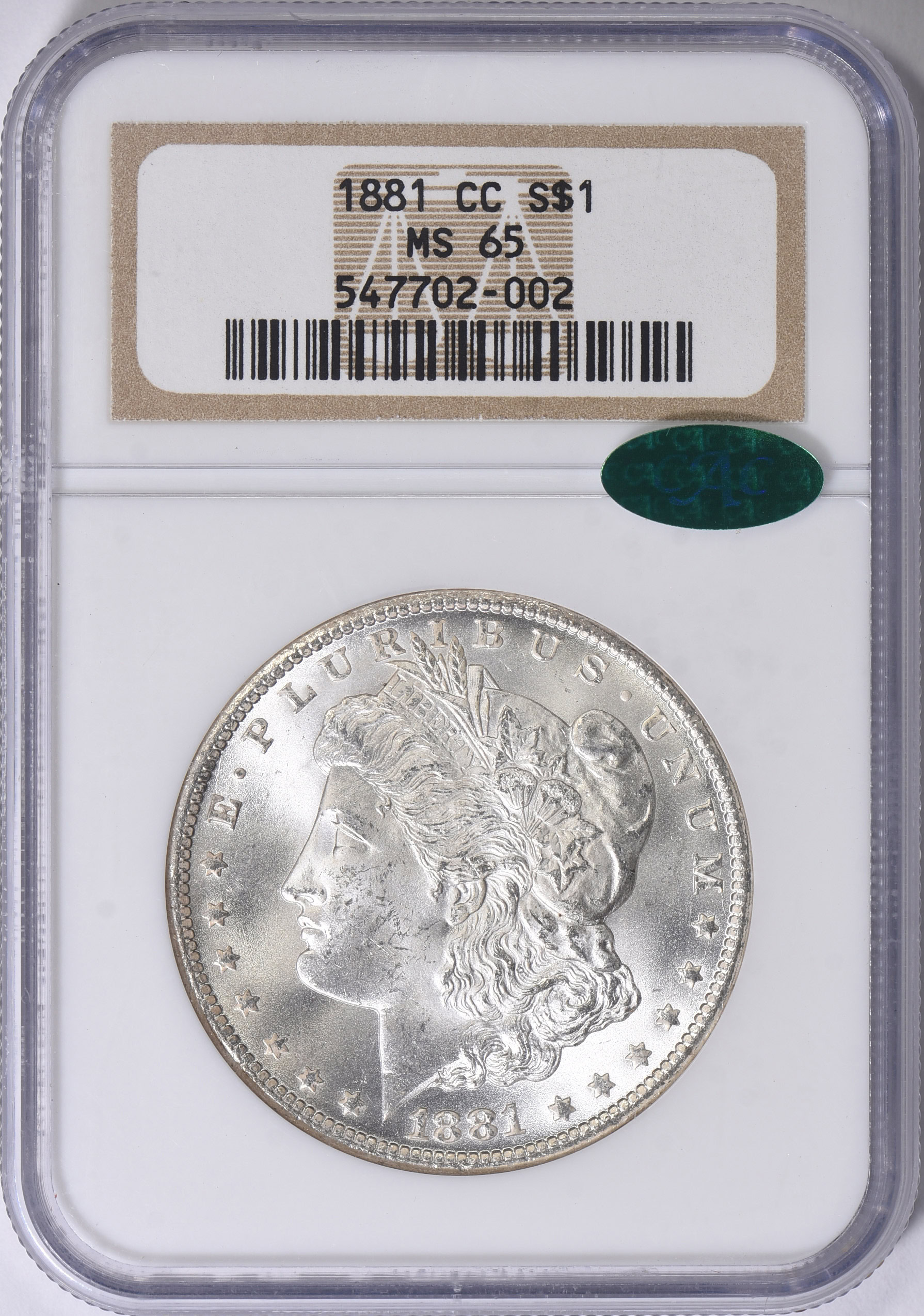 1881-CC Morgan Silver Dollar NGC MS-65 (CAC Green) (Item 1660790) | GreatCollections Coin Auctions