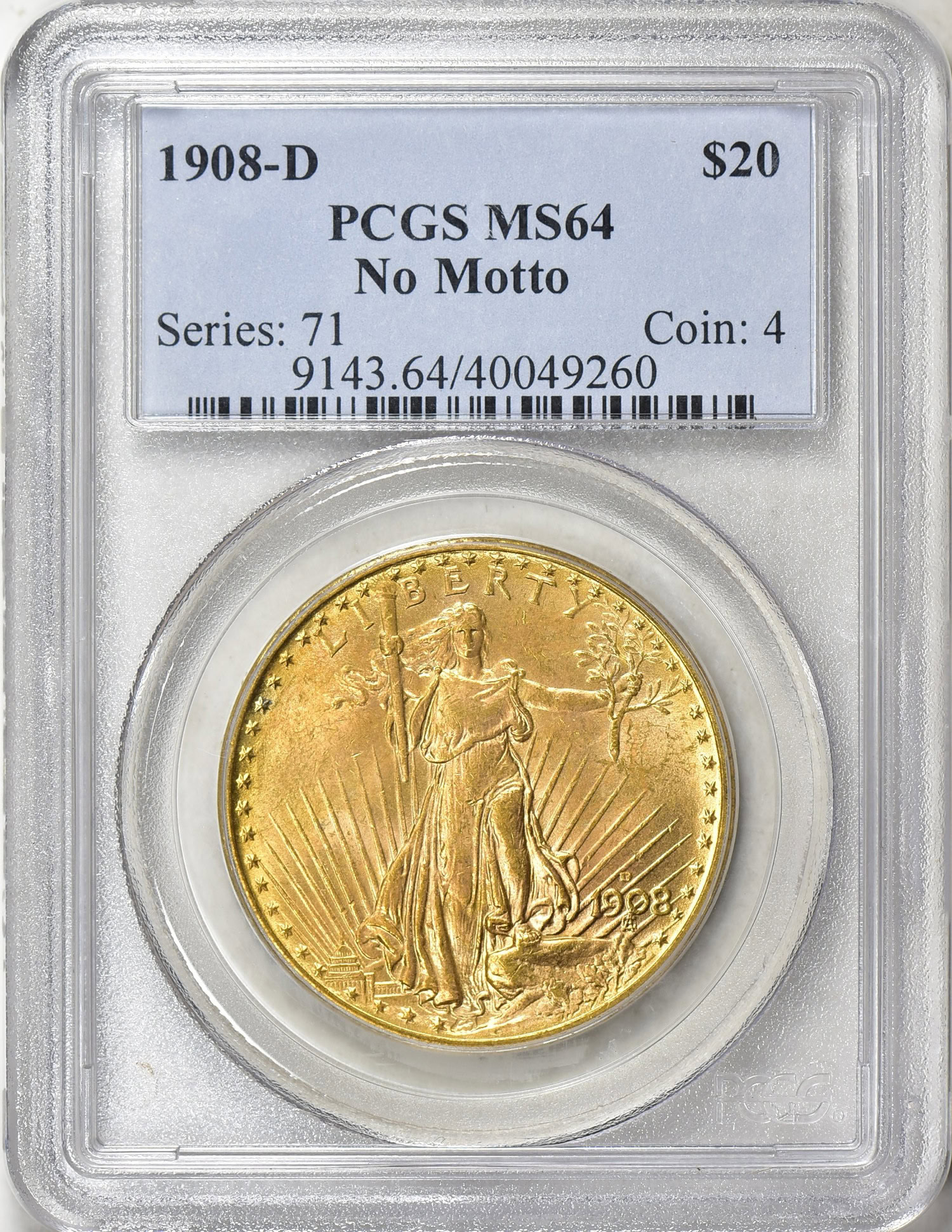 1908-D Saint-Gaudens Gold Double Eagle No Motto PCGS MS-64 (Item 1660823) | GreatCollections ...