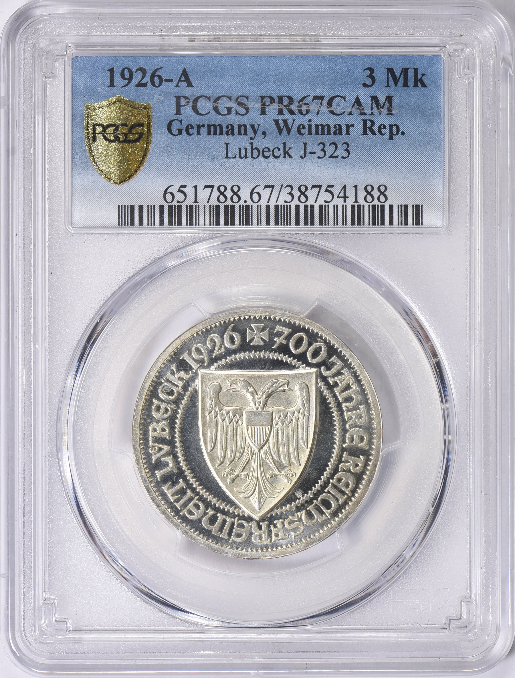 Germany 1926-A Silver 3 Marks 700 Years of Freedom for Lubeck KM-48 ...