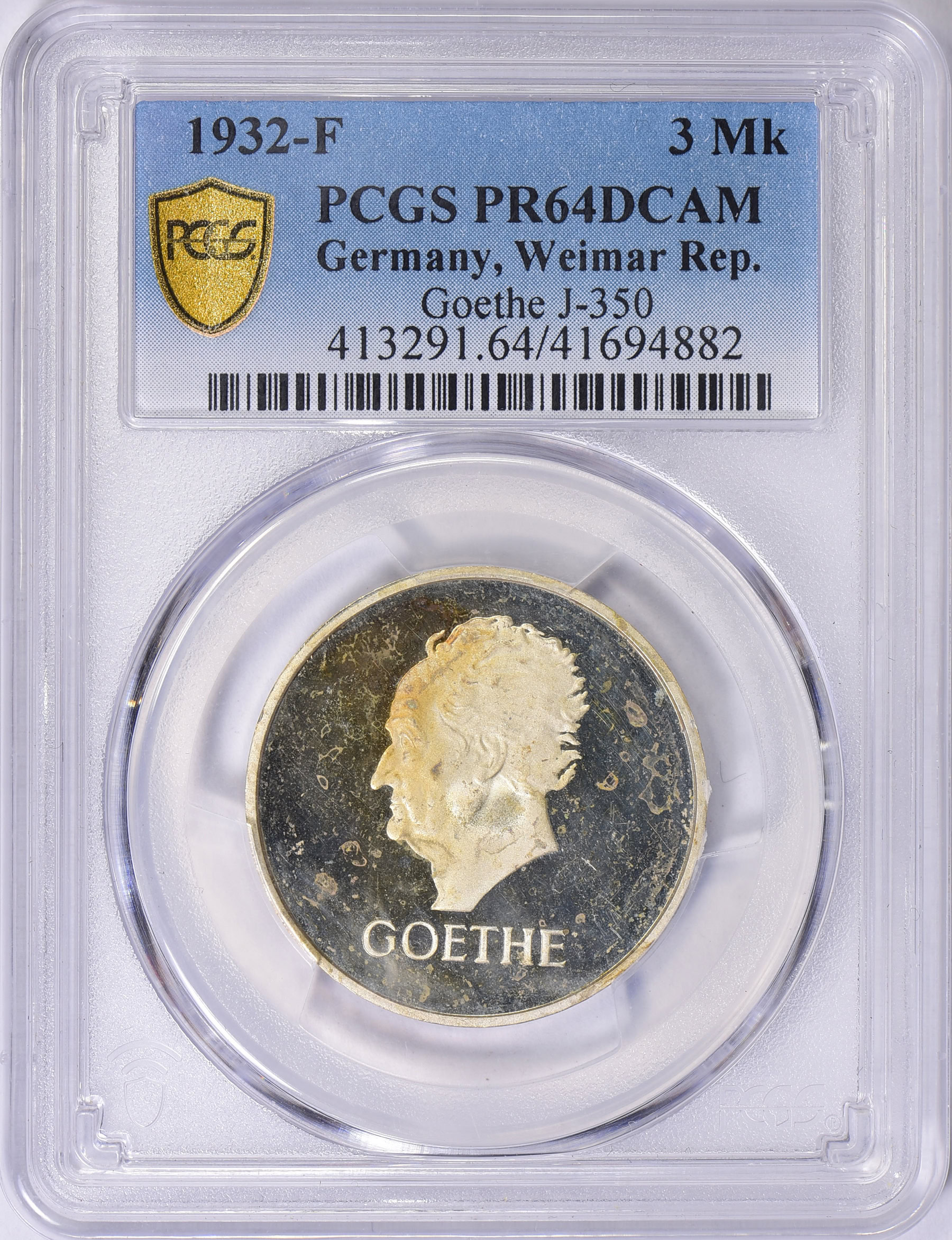 Germany 1932-F Silver 3 Marks Death of Goethe Centenary KM-76 PCGS ...
