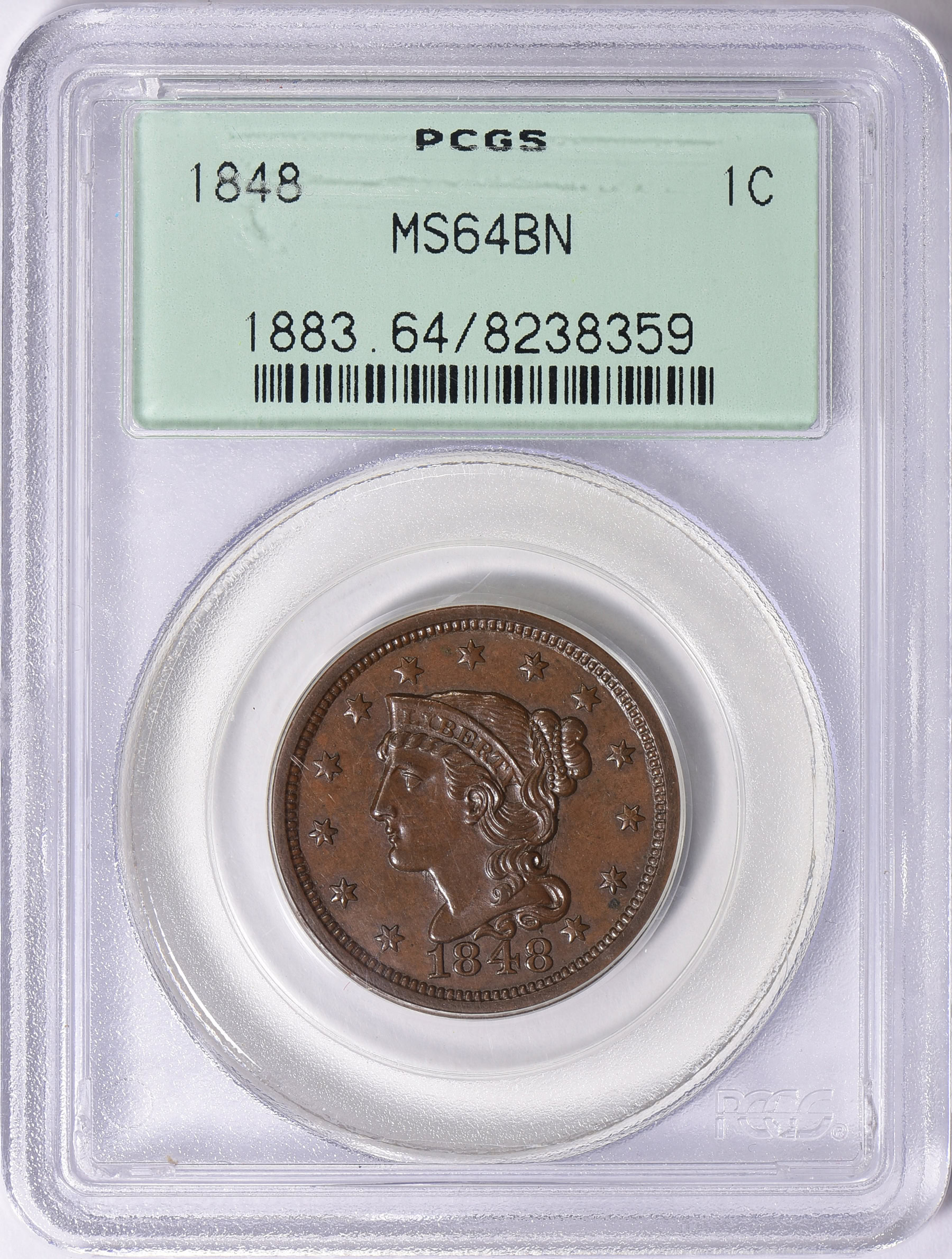 1848 Braided Hair Cent PCGS MS-64 BN OGH (Item 1660913) | GreatCollections Coin Auctions