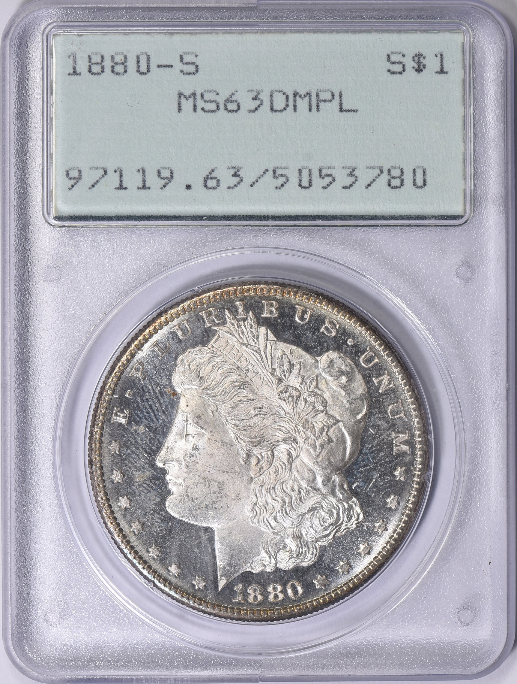 1880-S Morgan Silver Dollar PCGS MS-63 DMPL OGH (1st Gen) (Item 1661033) | GreatCollections Coin ...