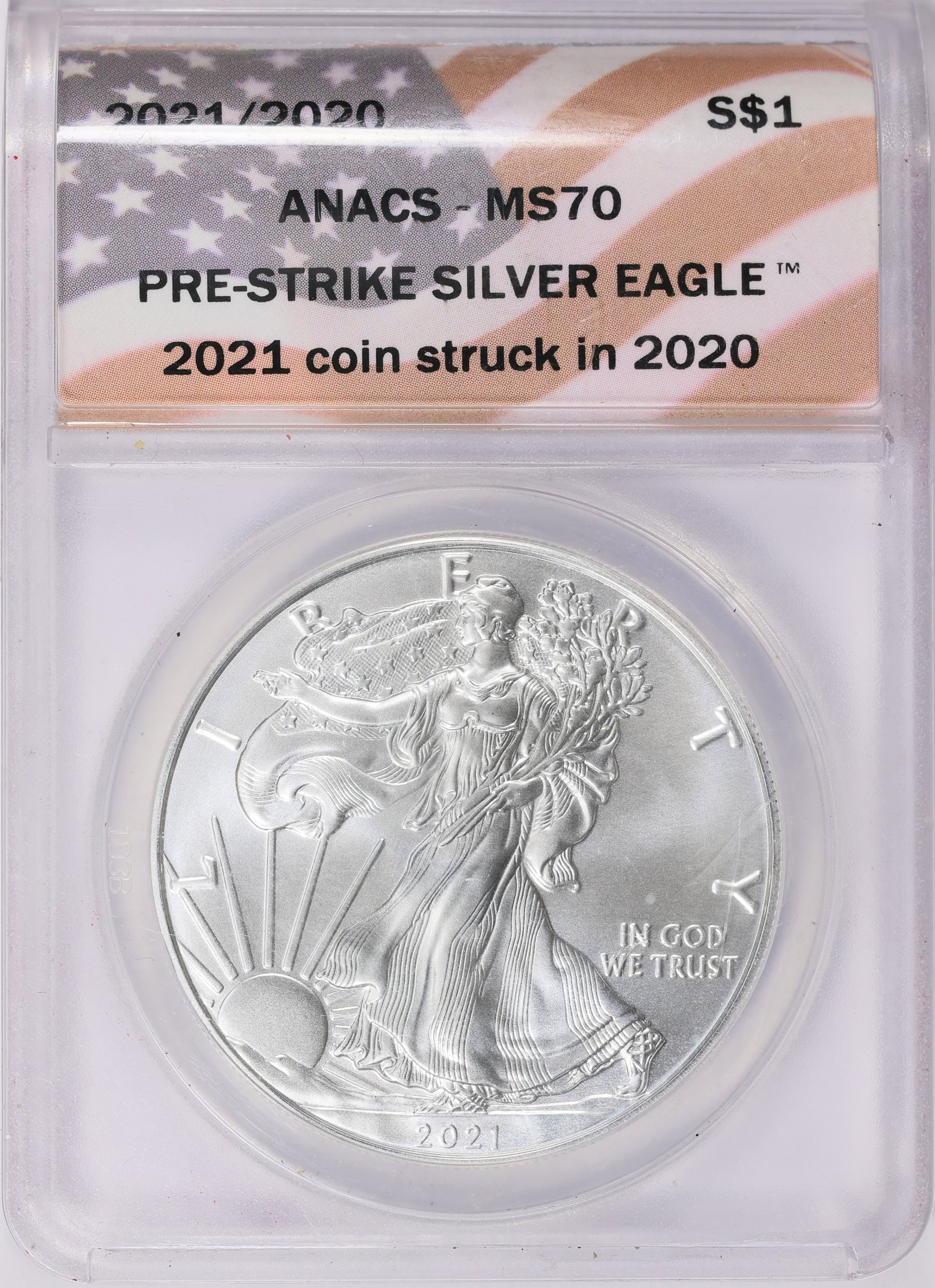 2021 $1 Silver Eagle Type 1 Prestrike Coin Struck in 2020 ANACS MS-70 ...