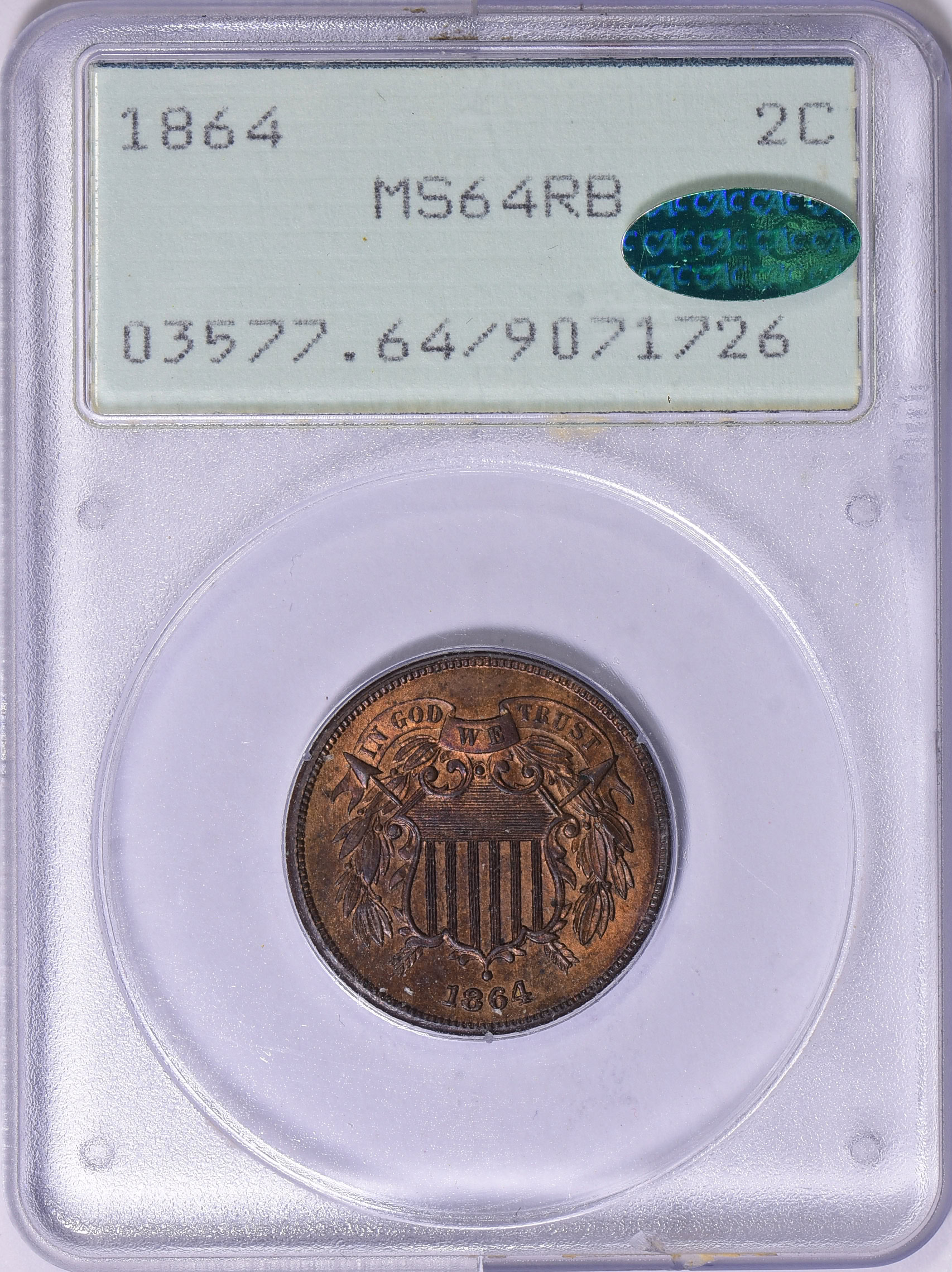 1864 Two-Cent Piece Large Motto PCGS MS-64 RB (CAC Green) OGH (1st Gen ...