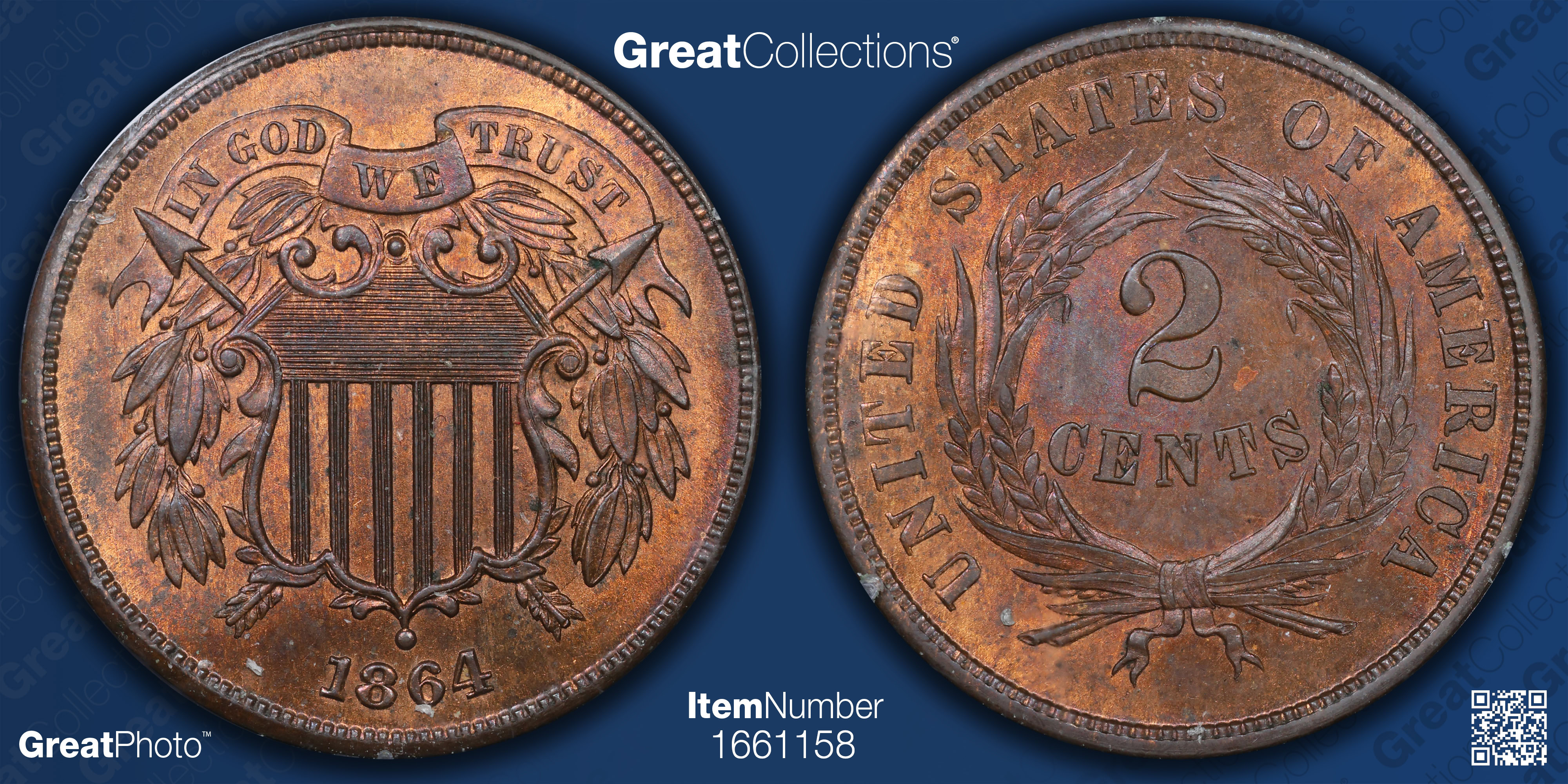 1864 Two-Cent Piece Large Motto PCGS MS-64 RB (CAC Green) OGH (1st Gen ...