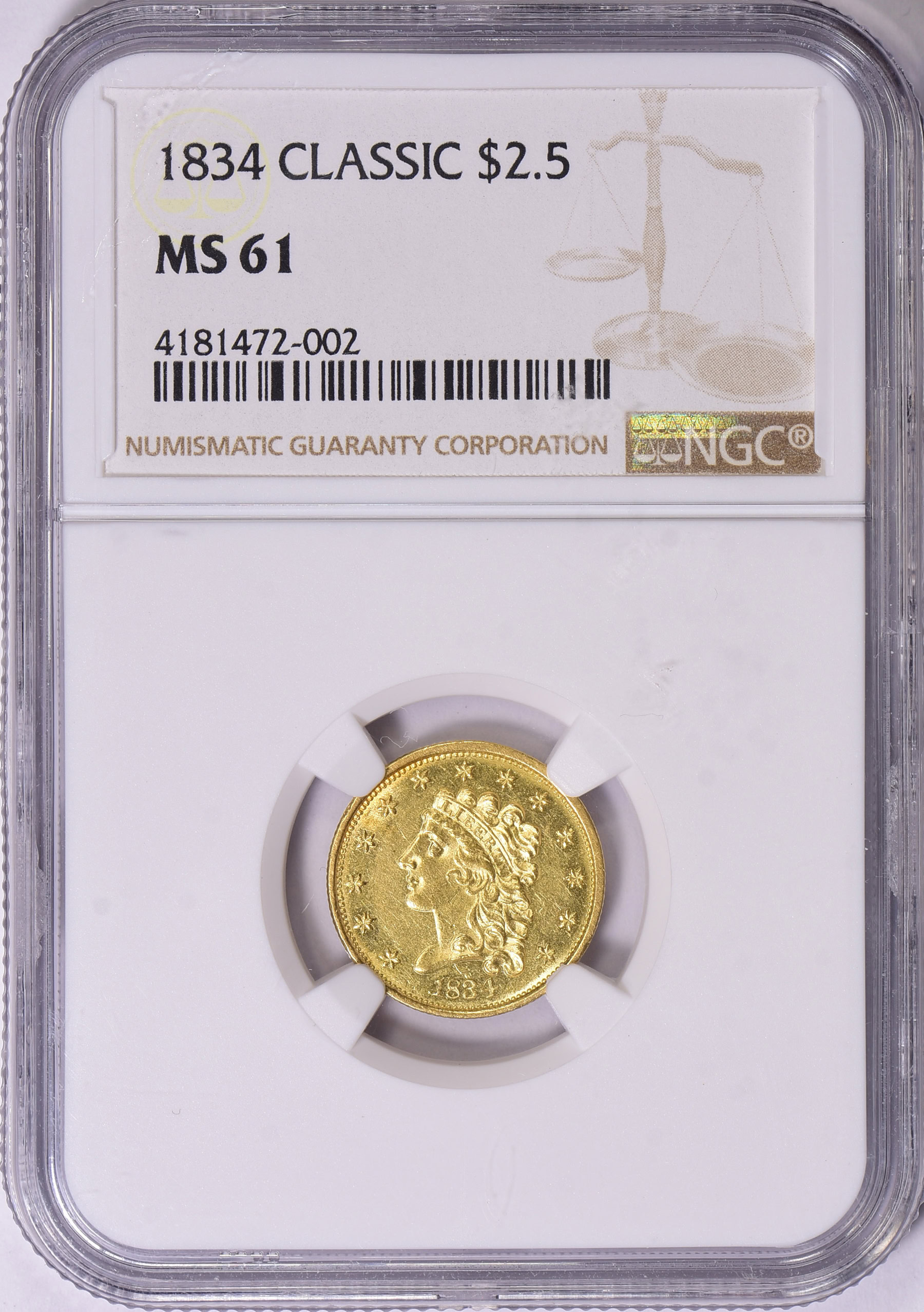 1834 Classic Gold Quarter Eagle NGC MS-61 (Item 1661159) | GreatCollections Coin Auctions