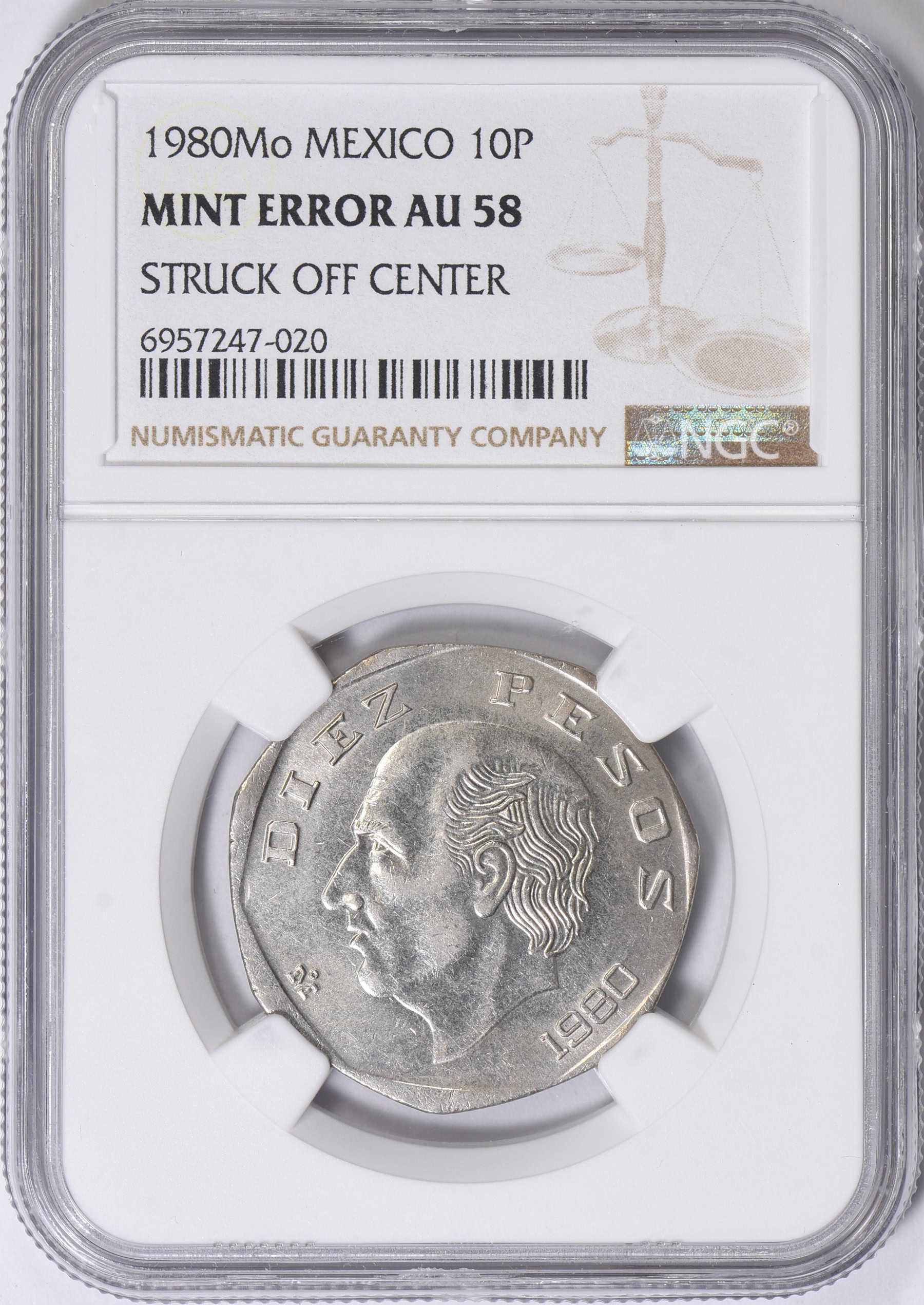 Mint Error Mexico 1980-Mo 10 Pesos Struck Off Center KM-477.2 NGC AU-58 ...