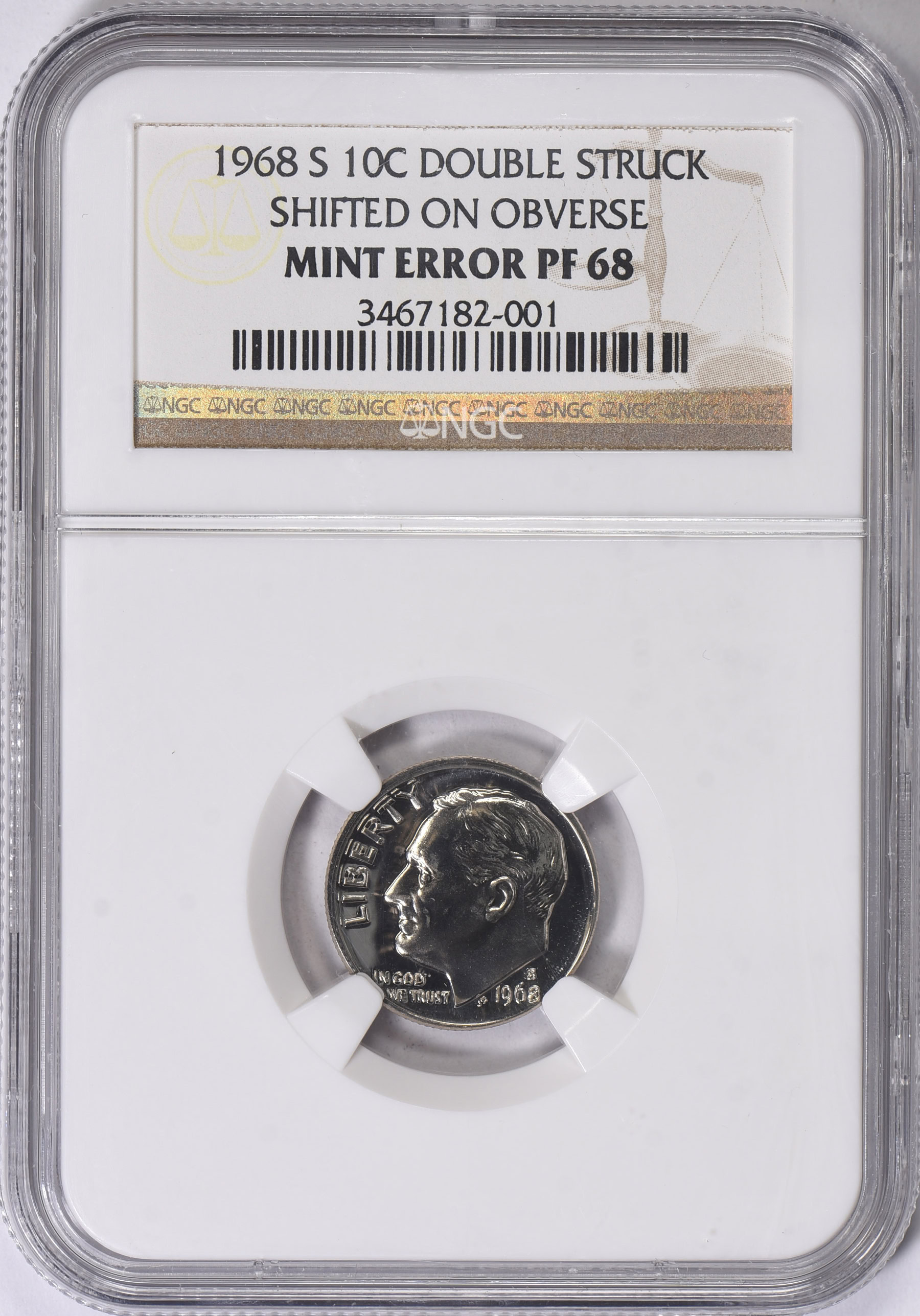 Mint Error 1968-S Roosevelt Dime Double Struck Shifted on Obverse NGC ...
