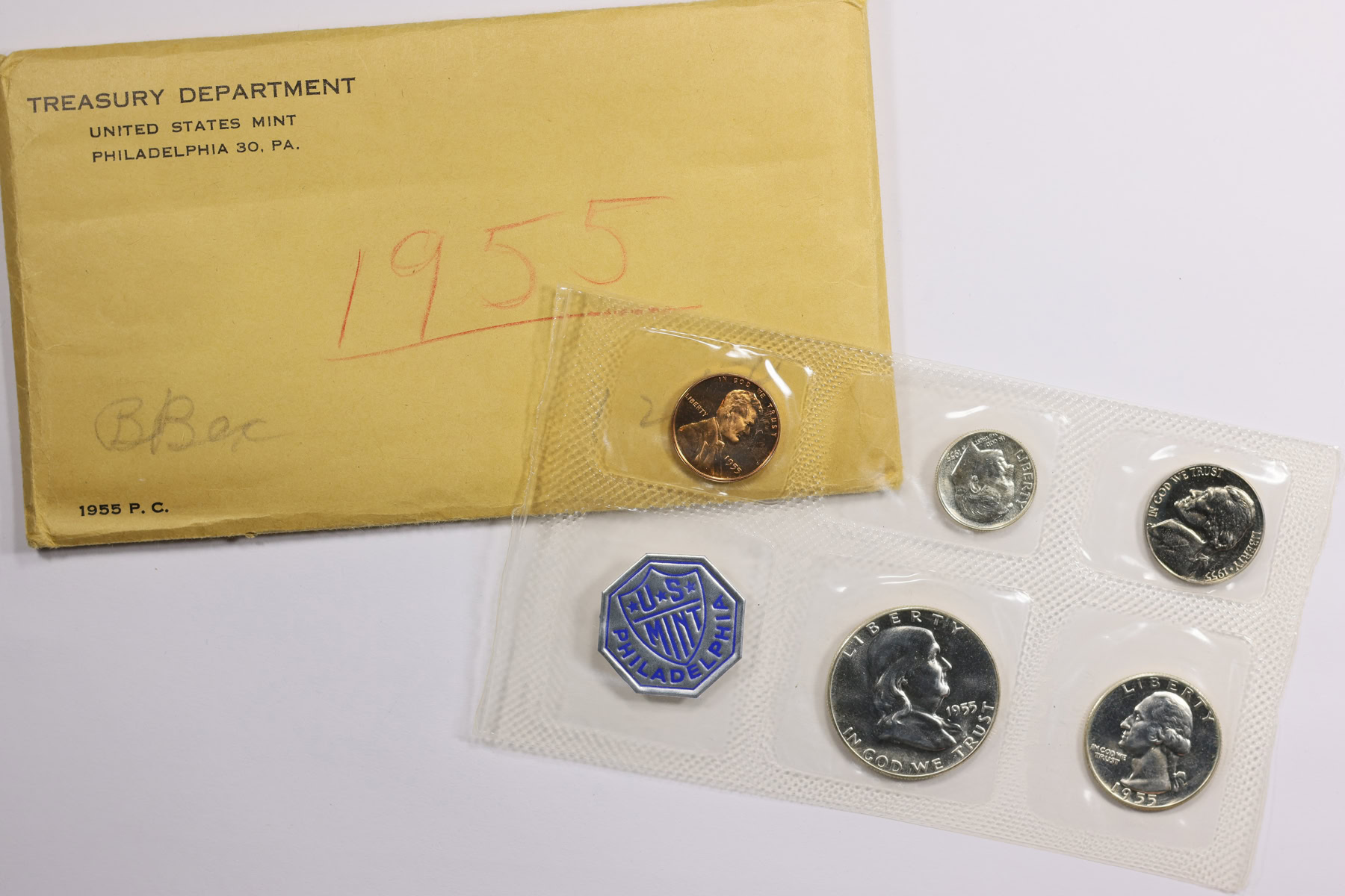 1955 1c-50c U.S. Mint Proof Set Uncertified in Original Envelope of ...