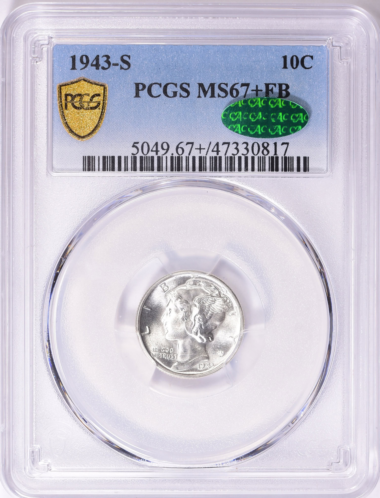 1943-S Mercury Dime PCGS MS-67+ FB (CAC Green) (Item 1661882) | GreatCollections Coin Auctions