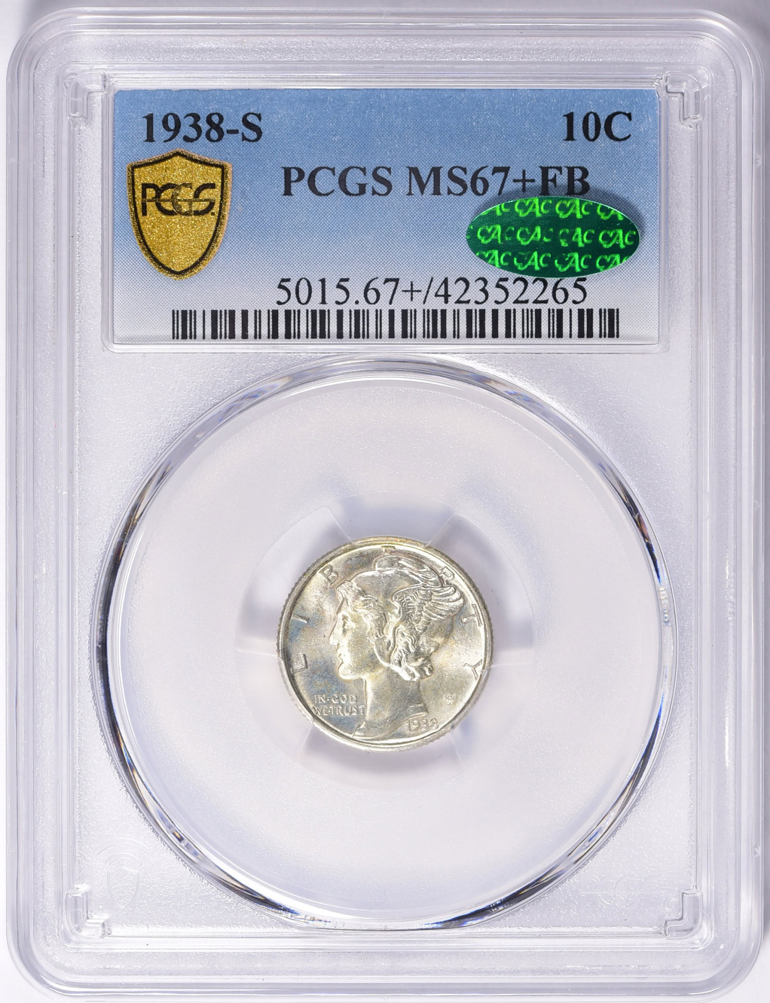 1938-S Mercury Dime PCGS MS-67+ FB (CAC Green) (Item 1661892) | GreatCollections Coin Auctions