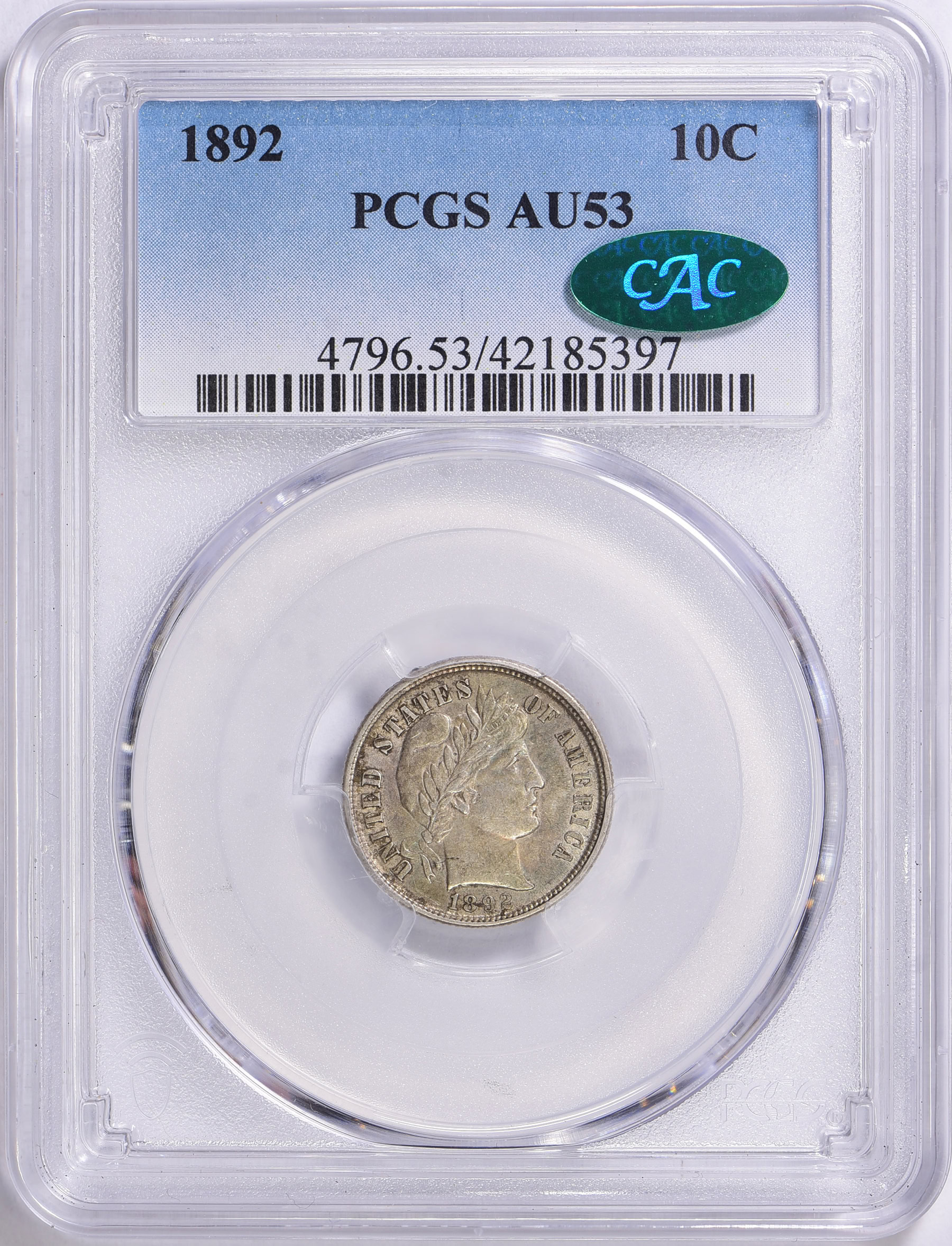 1892 Barber Dime PCGS AU-53 (CAC Green) (Item 1662408) | GreatCollections Coin Auctions
