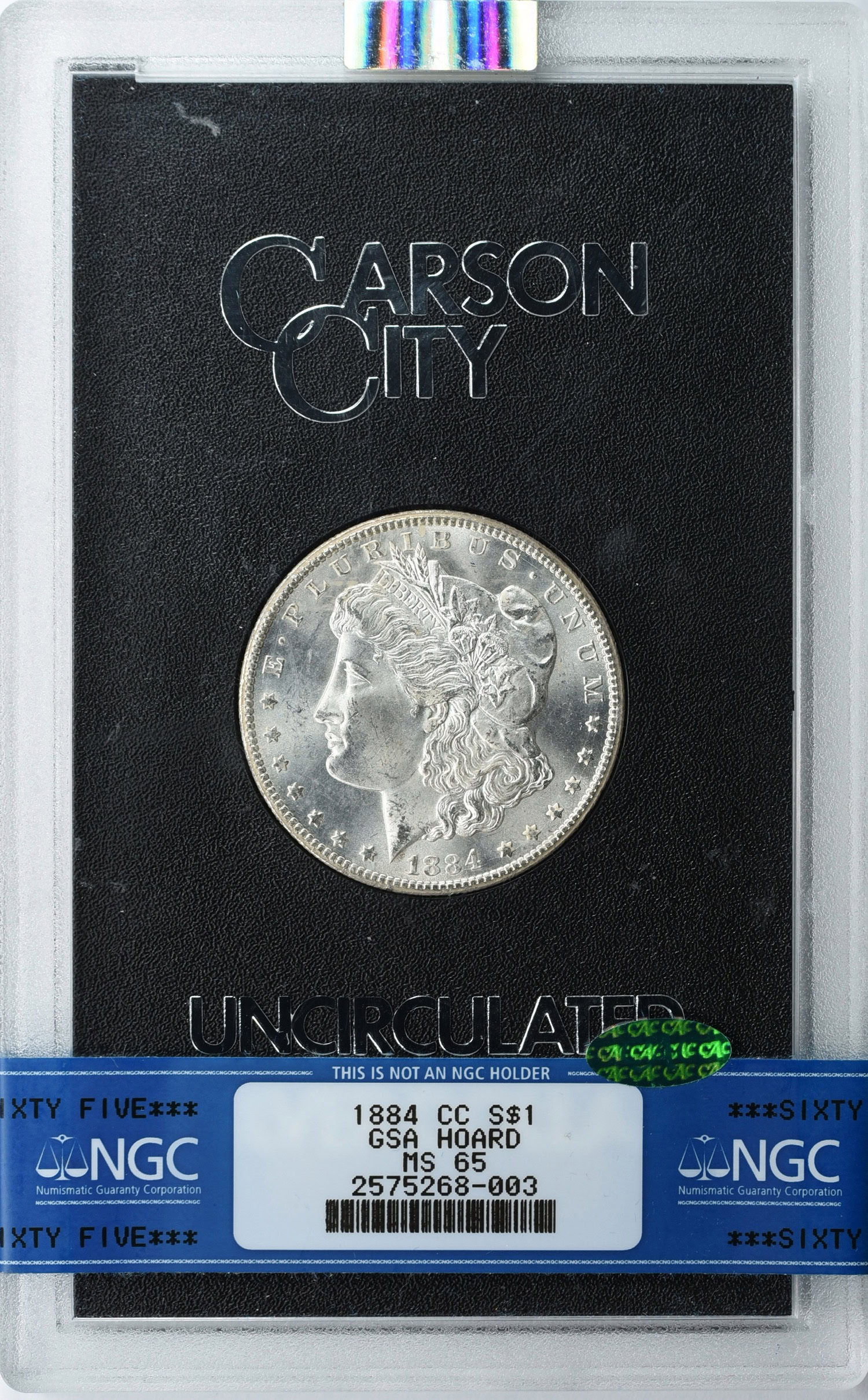 1884-CC Morgan Silver Dollar GSA Hoard NGC MS-65 (CAC Green) (GSA Holder) (With GSA Box and ...