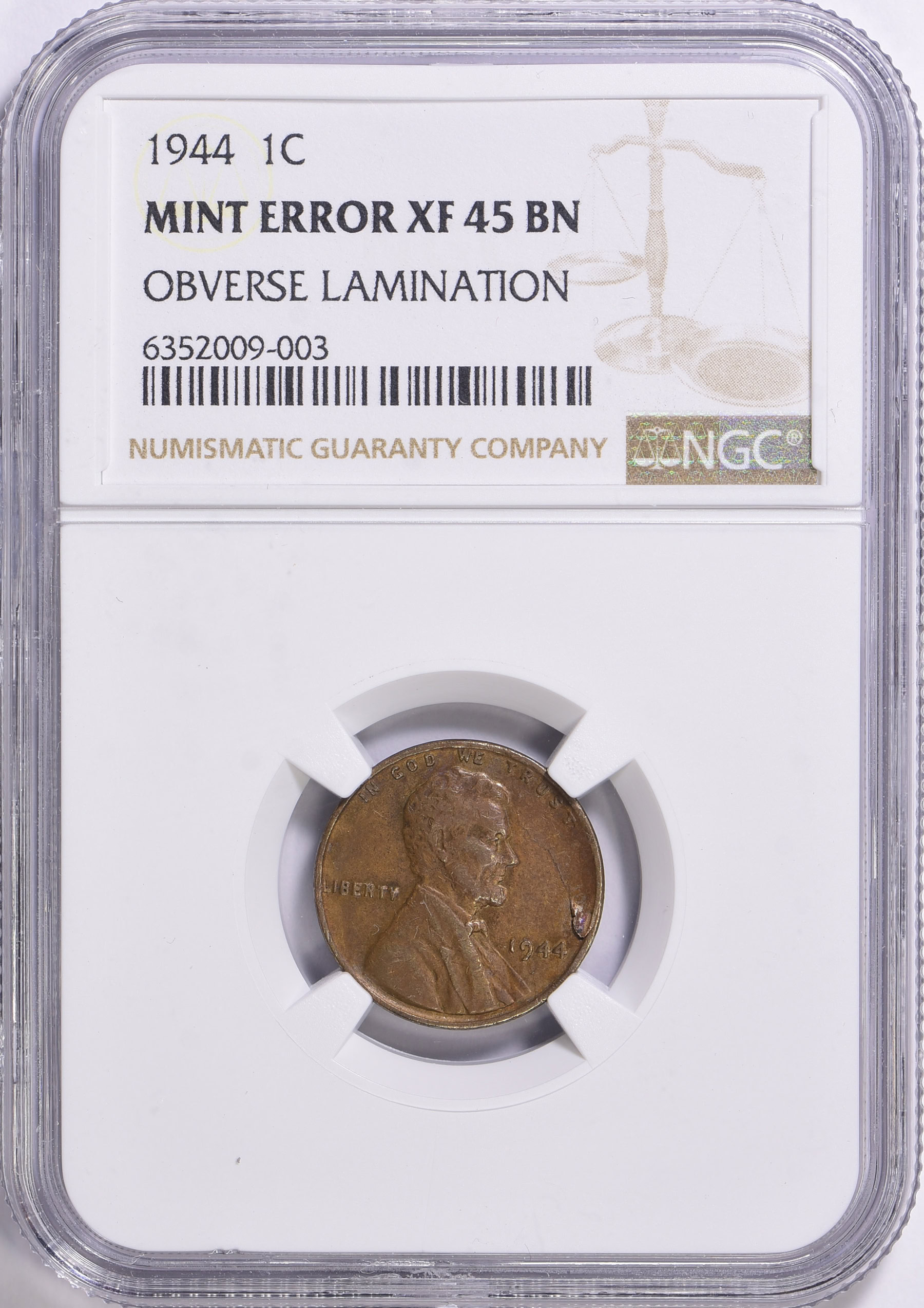 Mint Error 1944 Lincoln Cent Obverse Lamination NGC XF-45 BN | NGC Cert ...