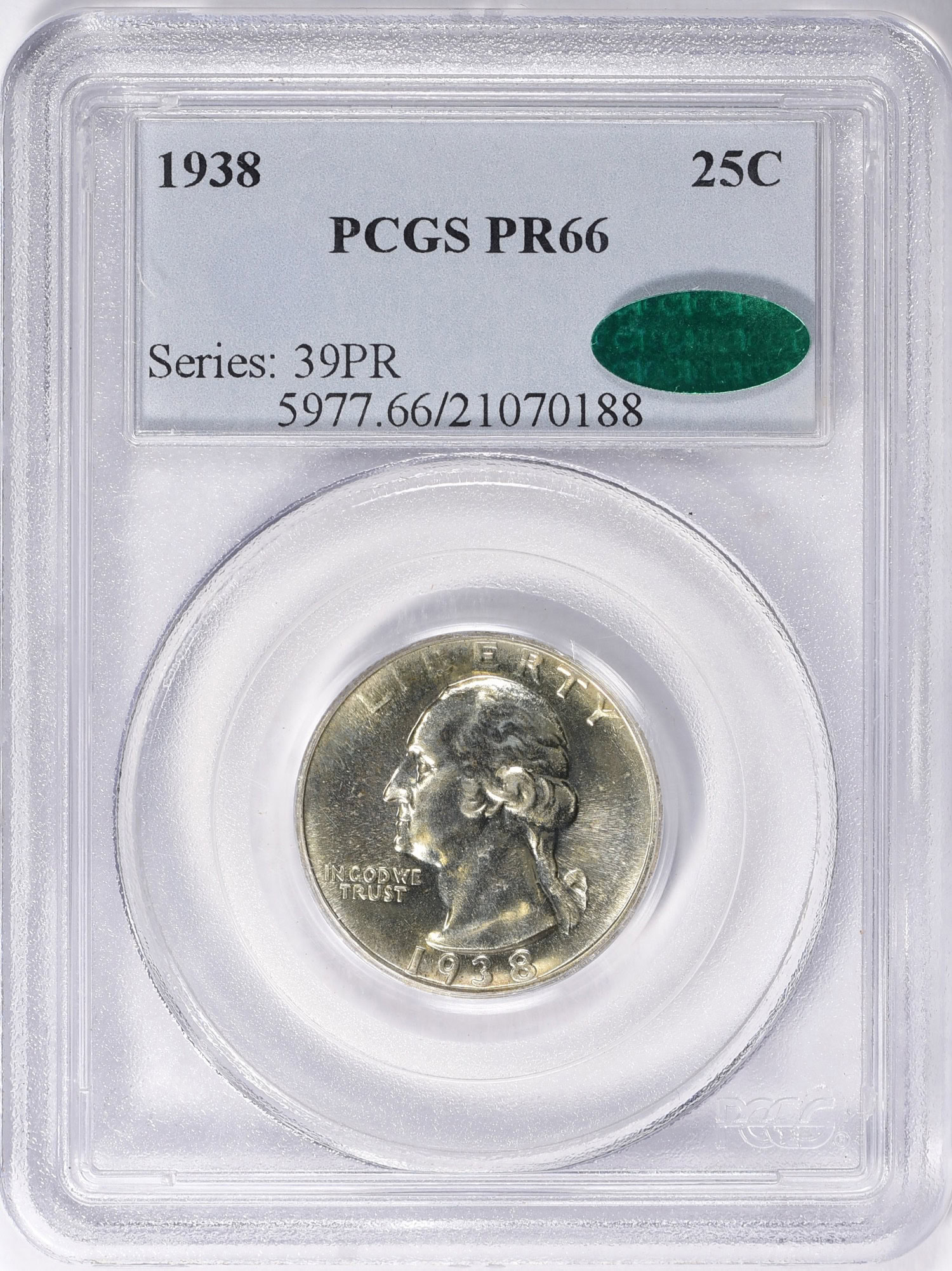 1938 Washington Quarter PCGS Proof-66 (CAC Green) (Item 1662603) | GreatCollections Coin Auctions