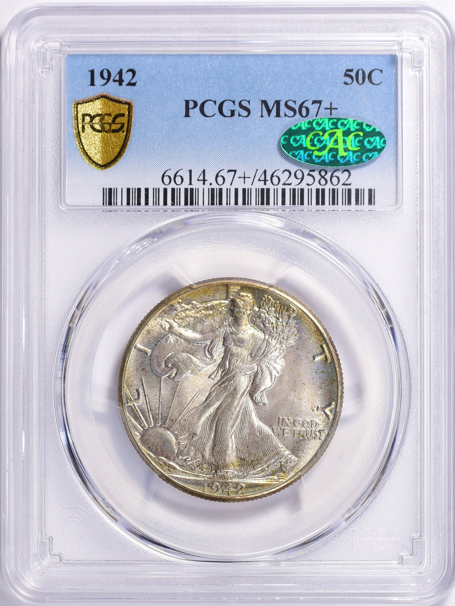 1942 Walking Liberty Half Dollar PCGS MS-67+ (CAC Green) (Toned) (Item 1662605 ...