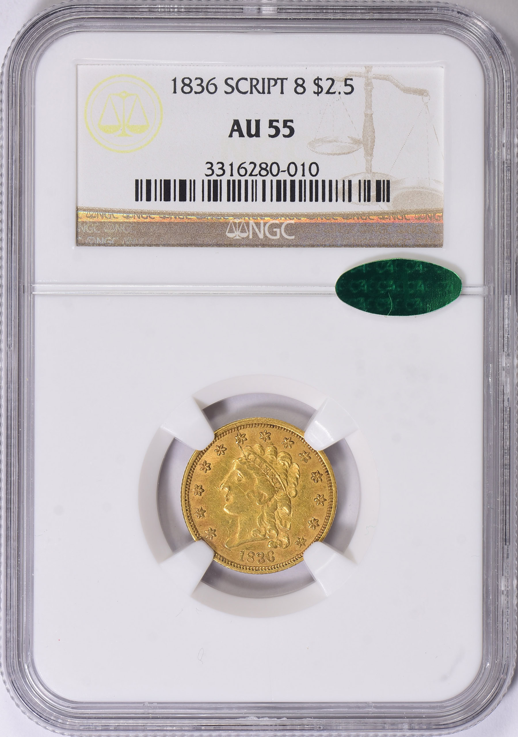 1836 Classic Gold Quarter Eagle Script 8 NGC AU-55 (CAC Green) (Item ...
