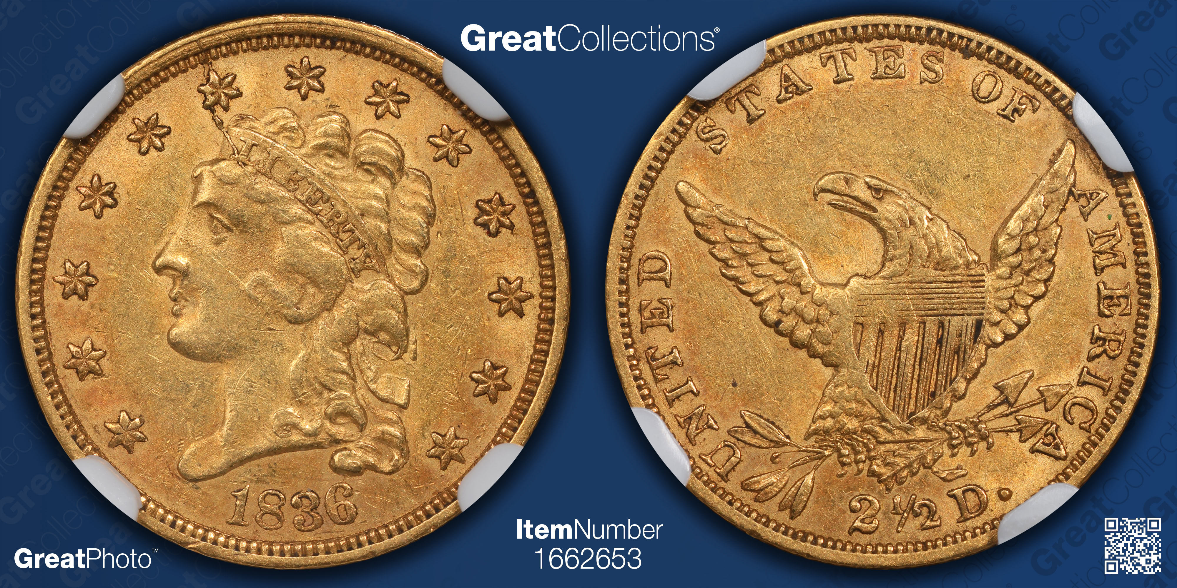 1836 Classic Gold Quarter Eagle Script 8 NGC AU-55 (CAC Green) (Item ...