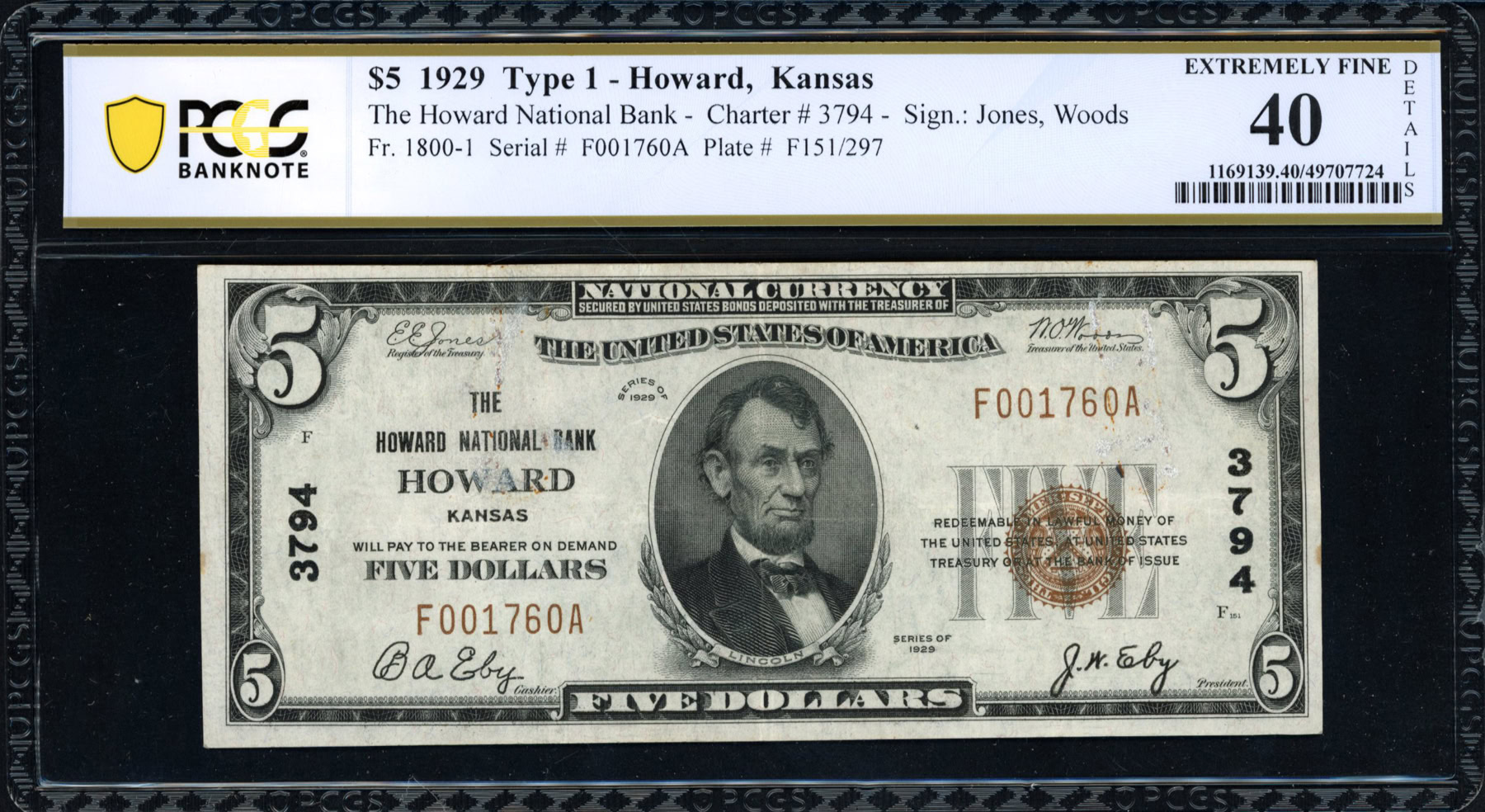 Fr. 1800-1 Howard, Kansas 1929 Type 1 The Howard National Bank $5 Note ...