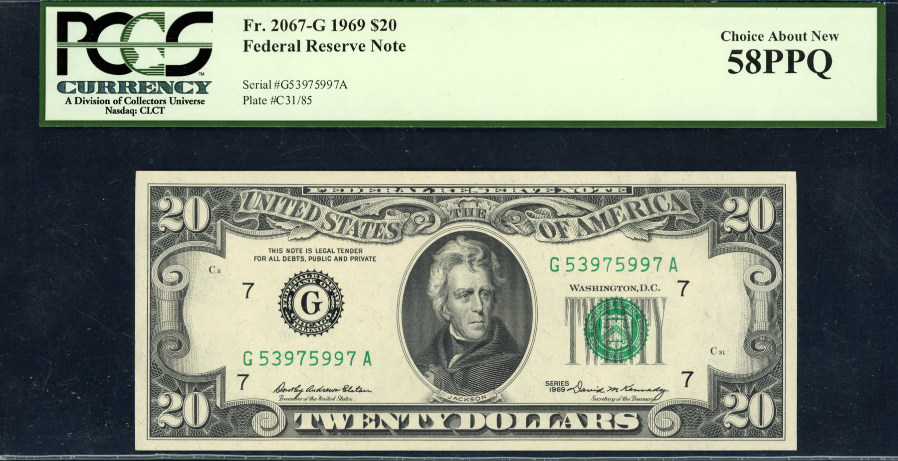 Fr. 2067-G (GA Block) 1969 $20 Chicago Federal Reserve Note Elston ...