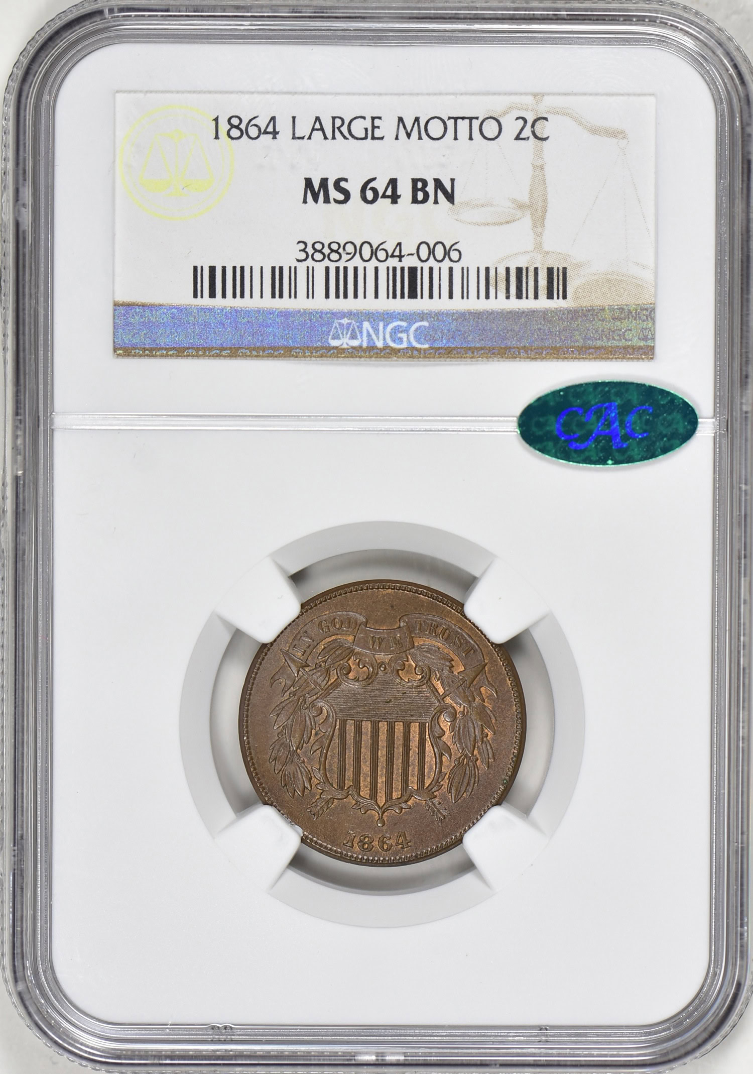 1864 Two-Cent Piece Large Motto NGC MS-64 BN (CAC Green) (Item 1663120) | GreatCollections Coin ...