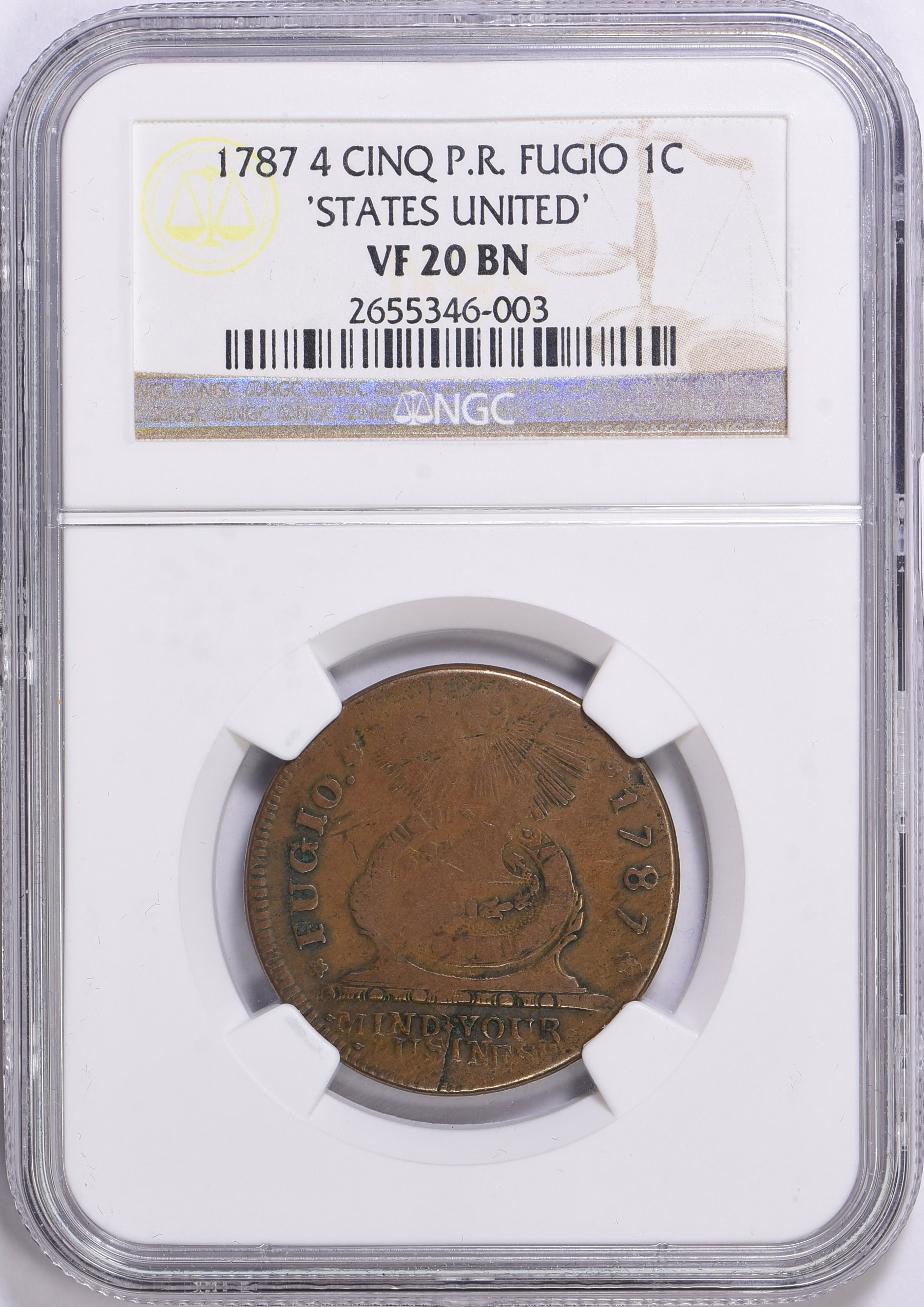 1787 Fugio Cent STATES UNITED, 4 Cinq NGC VF-20 BN (Item 1663126 ...
