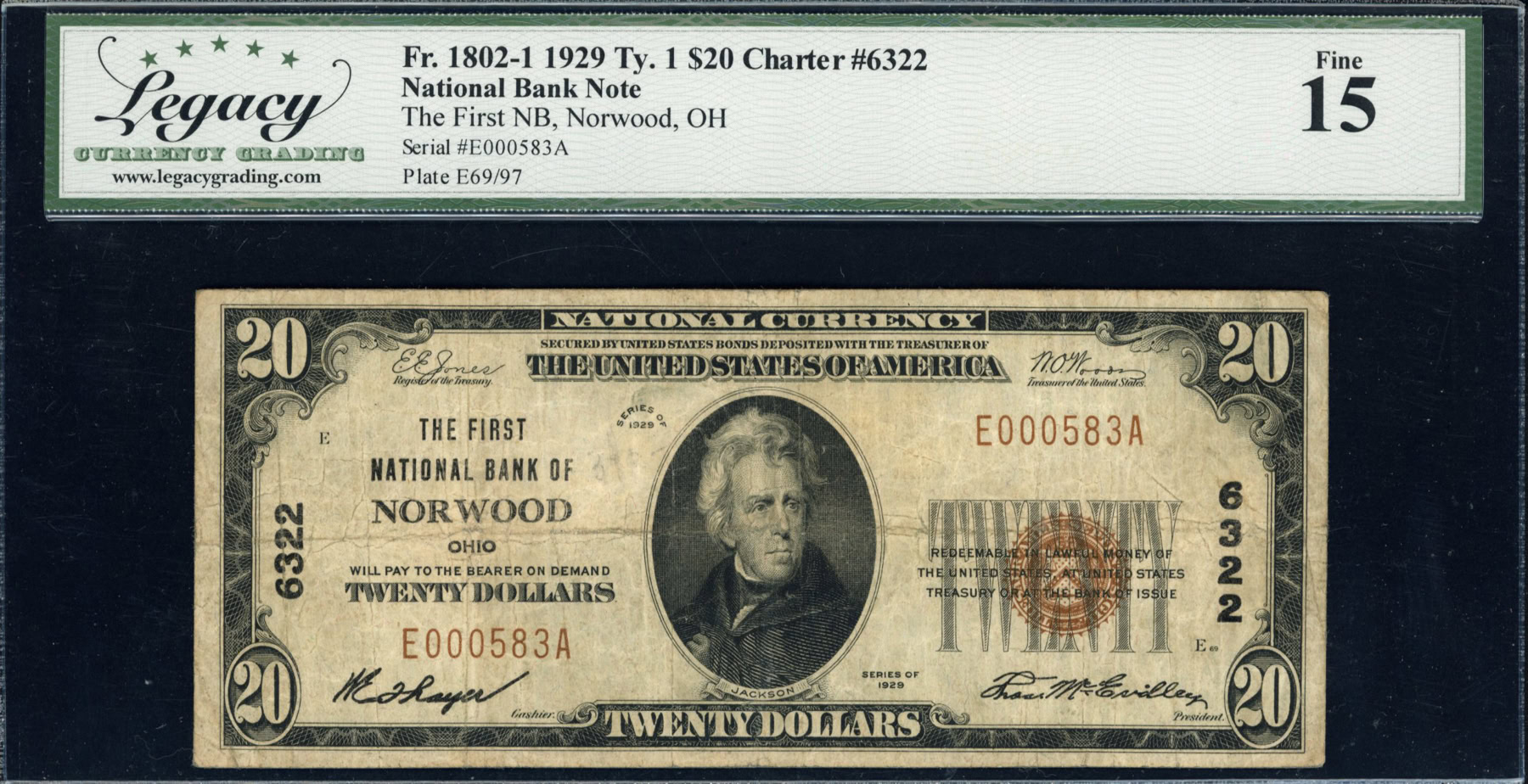 Fr. 1802-1 Norwood, Ohio 1929 Type 1 The First National Bank $20 Note ...