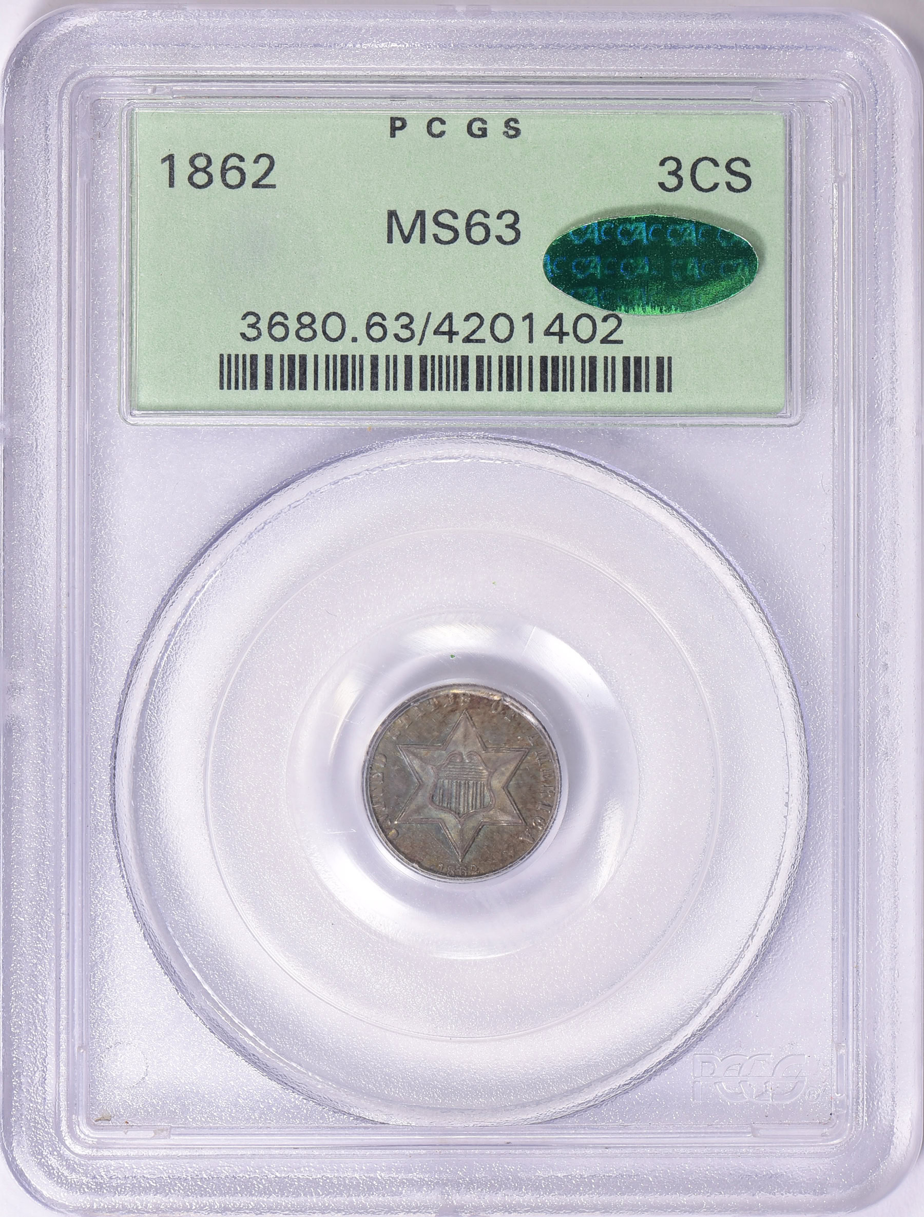 1862 Silver Three-Cent Piece PCGS MS-63 (CAC Green) OGH (Toned) (Item ...