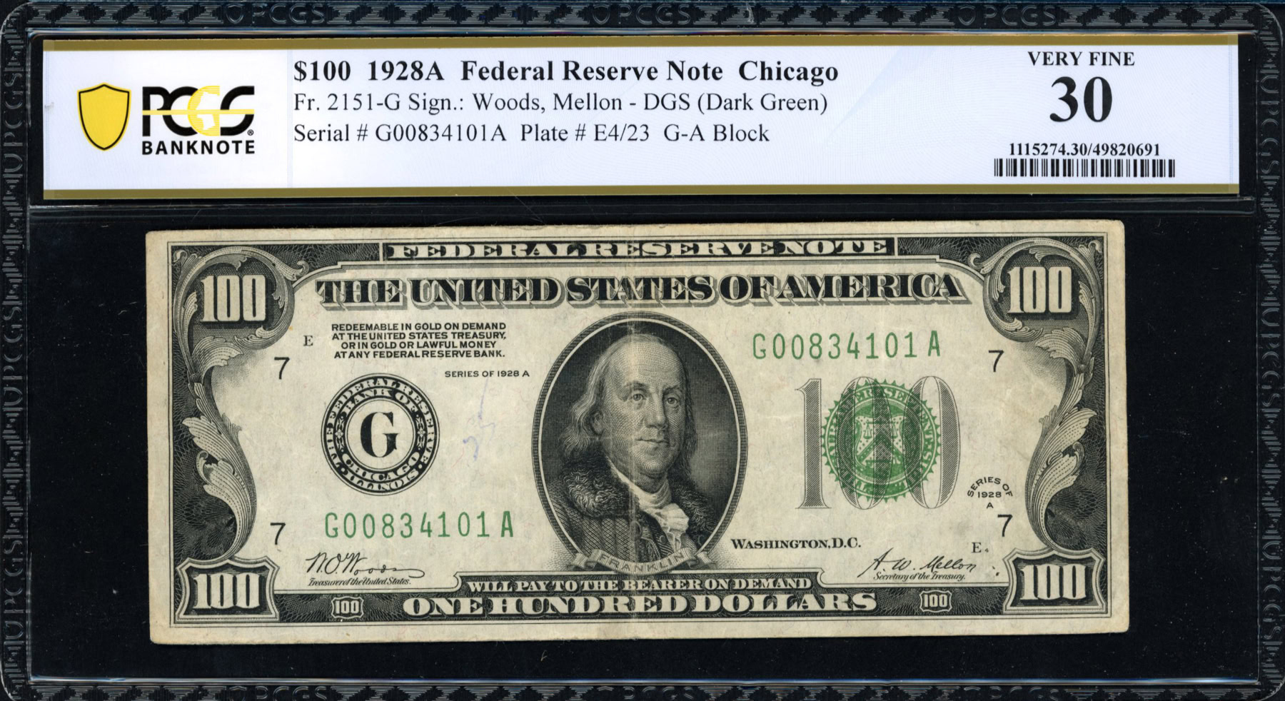 Fr. 2151-Gdgs Dark Green (GA Block) 1928A $100 Chicago Federal Reserve ...