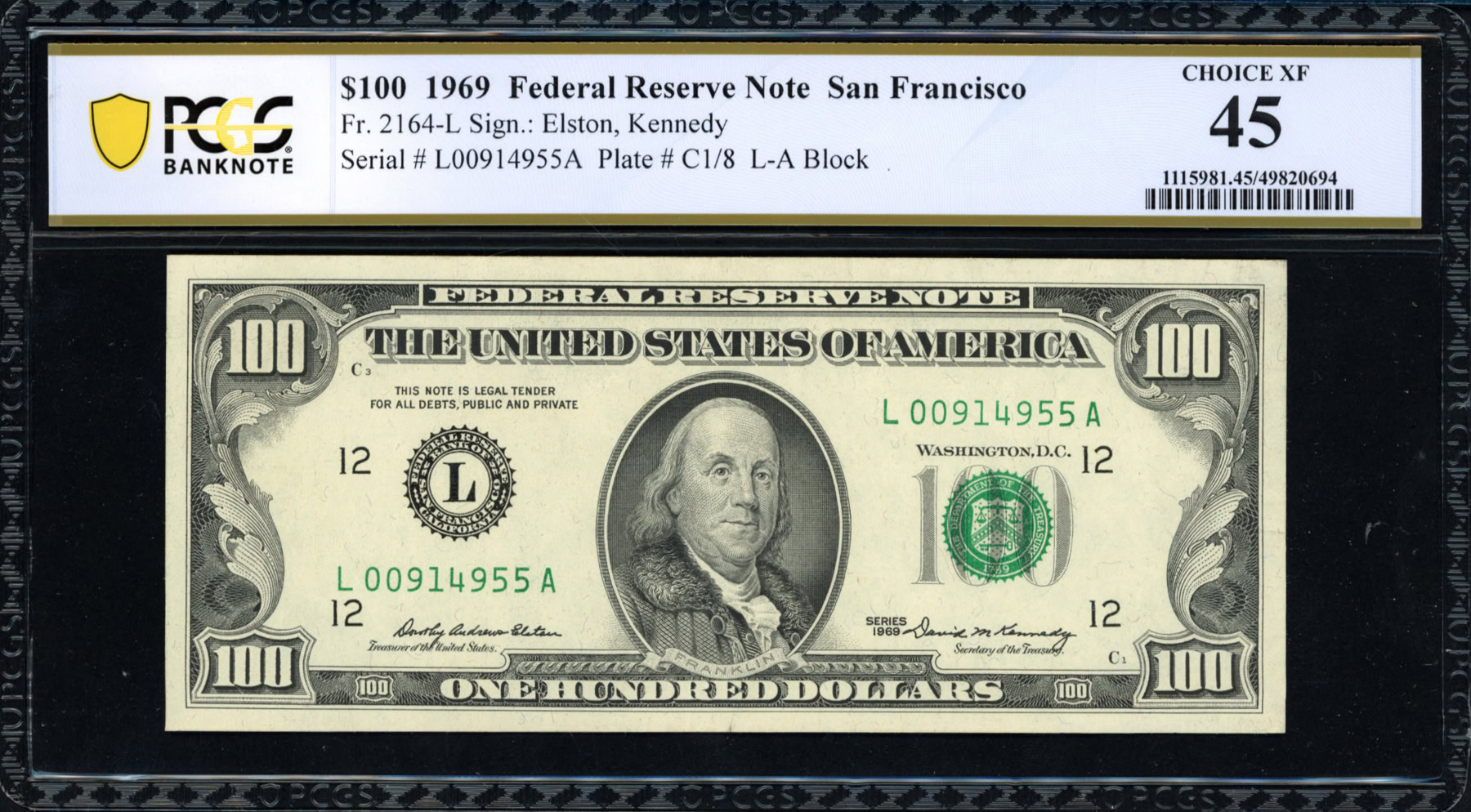 Fr. 2164-L (LA Block) 1969 $100 San Francisco Federal Reserve Note ...