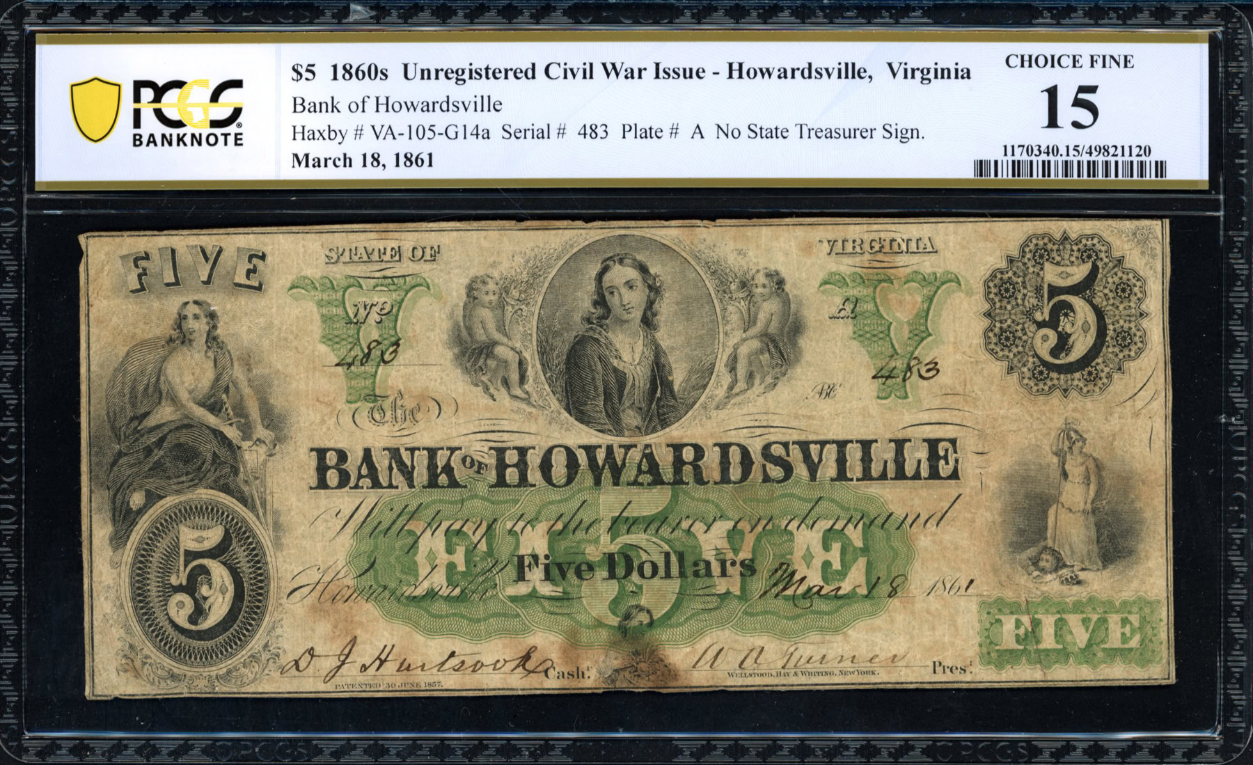 Mar. 18, 1861 Howardsville, Virginia Bank of Howardsville $5 ...