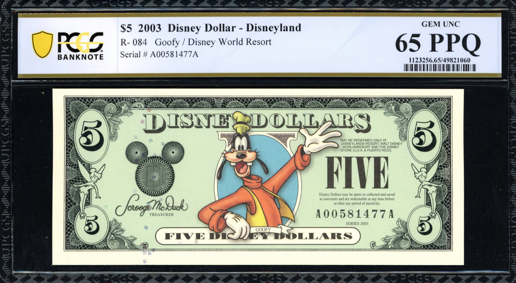 2003 Disneyland $5 Disney Dollar Goofy / Walt Disney World Resort PCGS ...