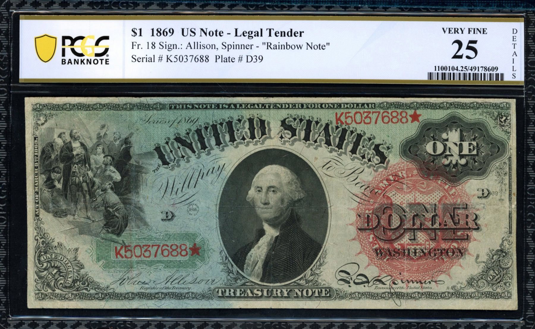 Fr. 18 1869 $1 Legal Tender Note Allison / Spinner PCGS Banknote Very ...
