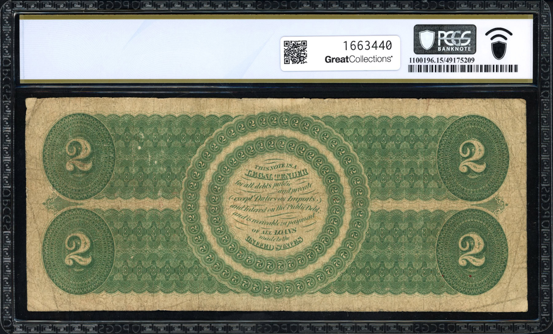 Fr. 41a 1862 $2 Legal Tender Note Series 50 Chittenden / Spinner PCGS Banknote Choice Fine 15 ...