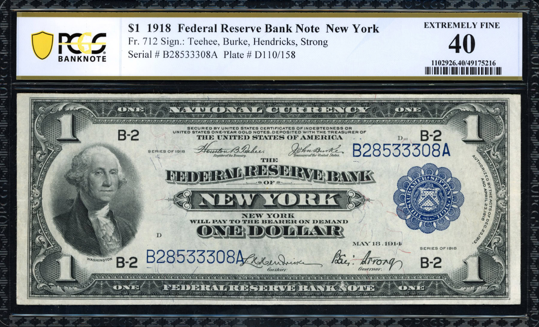 Fr. 712 1918 $1 New York Federal Reserve Bank Note Teehee / Burke ...