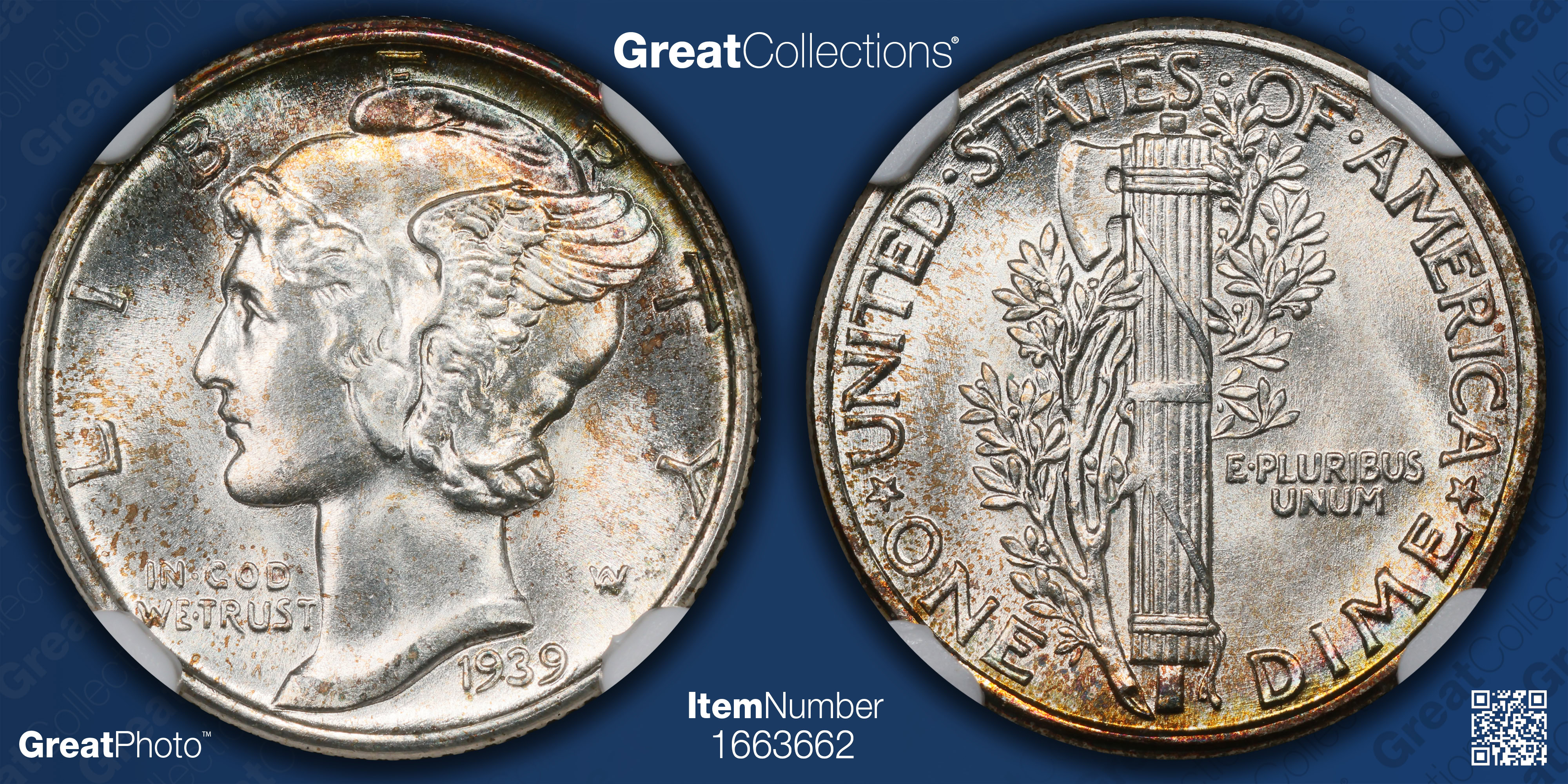 1939 Mercury Dime NGC MS-65 (Toned) (Item 1663662) | GreatCollections ...