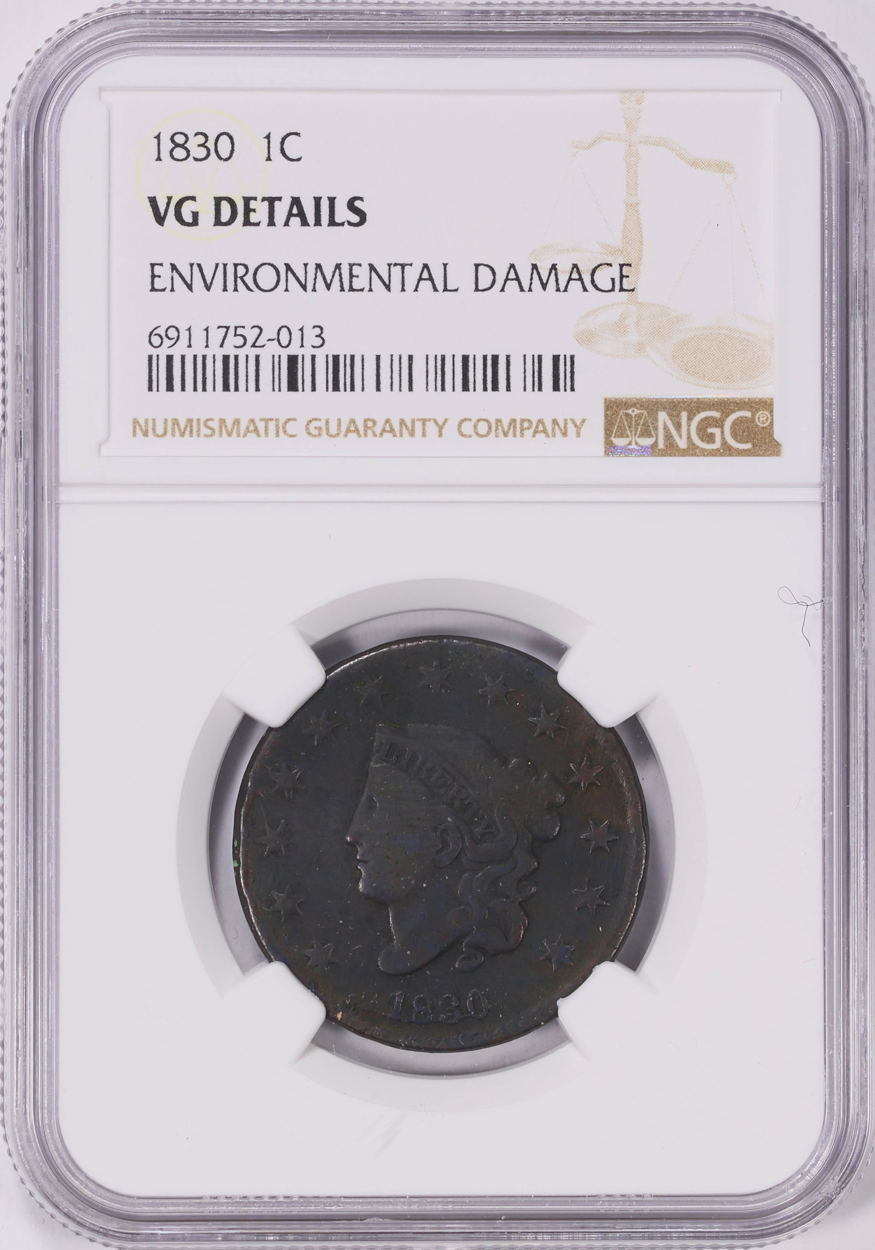1830 Matron Cent NGC VG Details (Item 1663710) | GreatCollections Coin ...