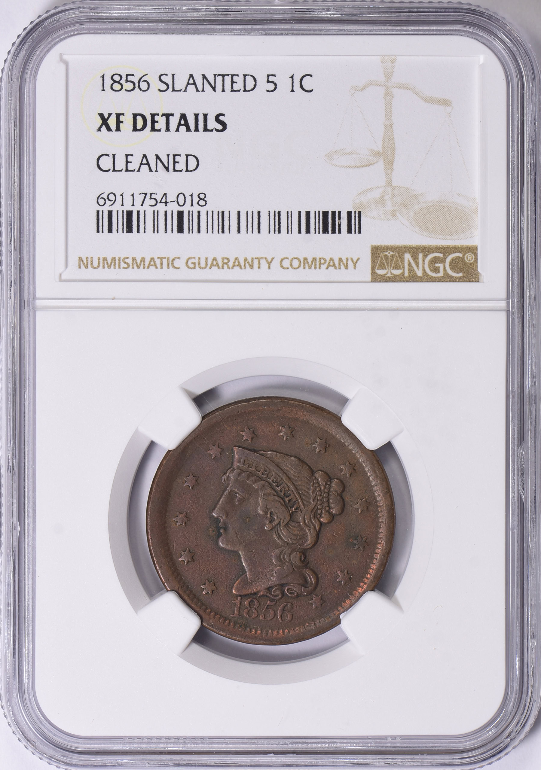 1856 Braided Hair Cent Slanted 5 NGC XF Details (Item 1663759) | GreatCollections Coin Auctions