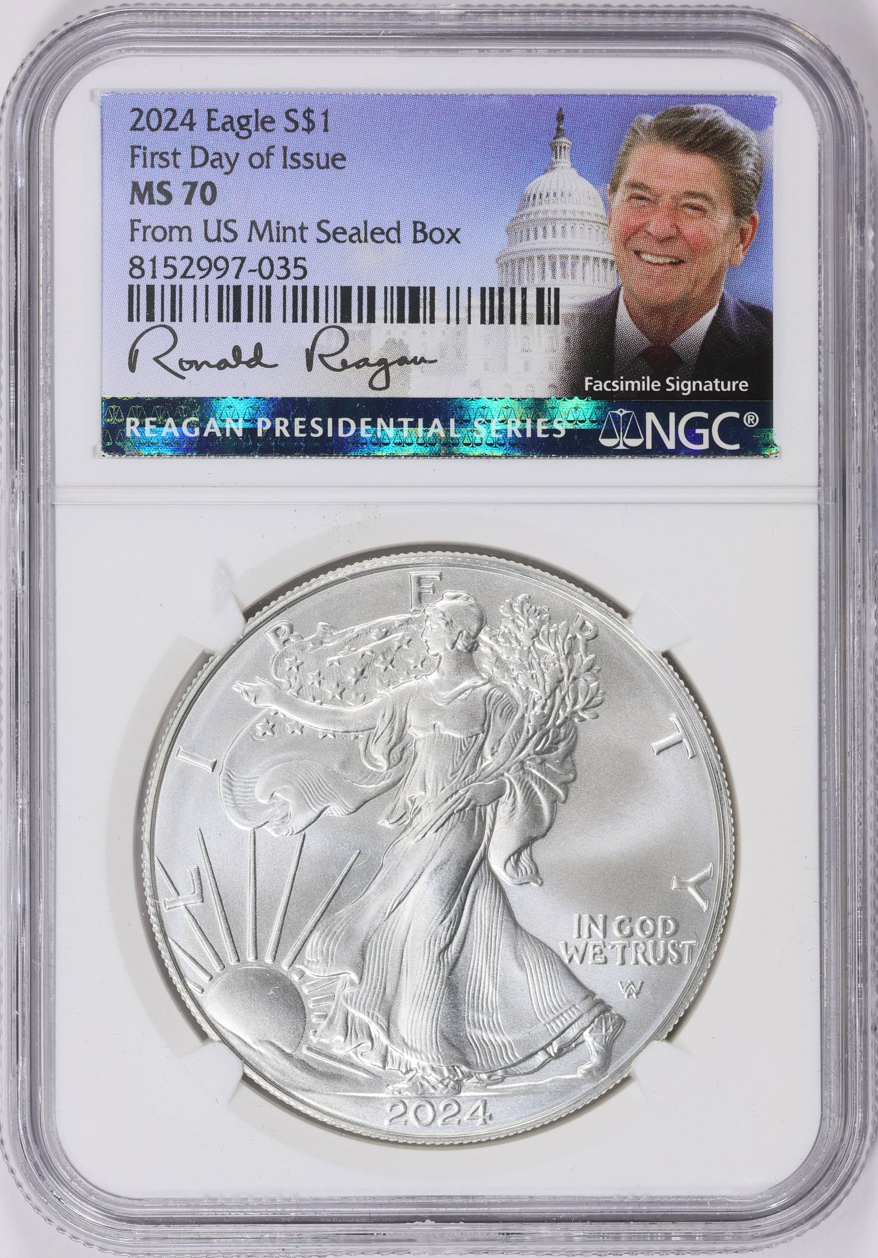 2024 $1 Silver Eagle First Day of Issue NGC MS-70 (Ronald Reagan ...