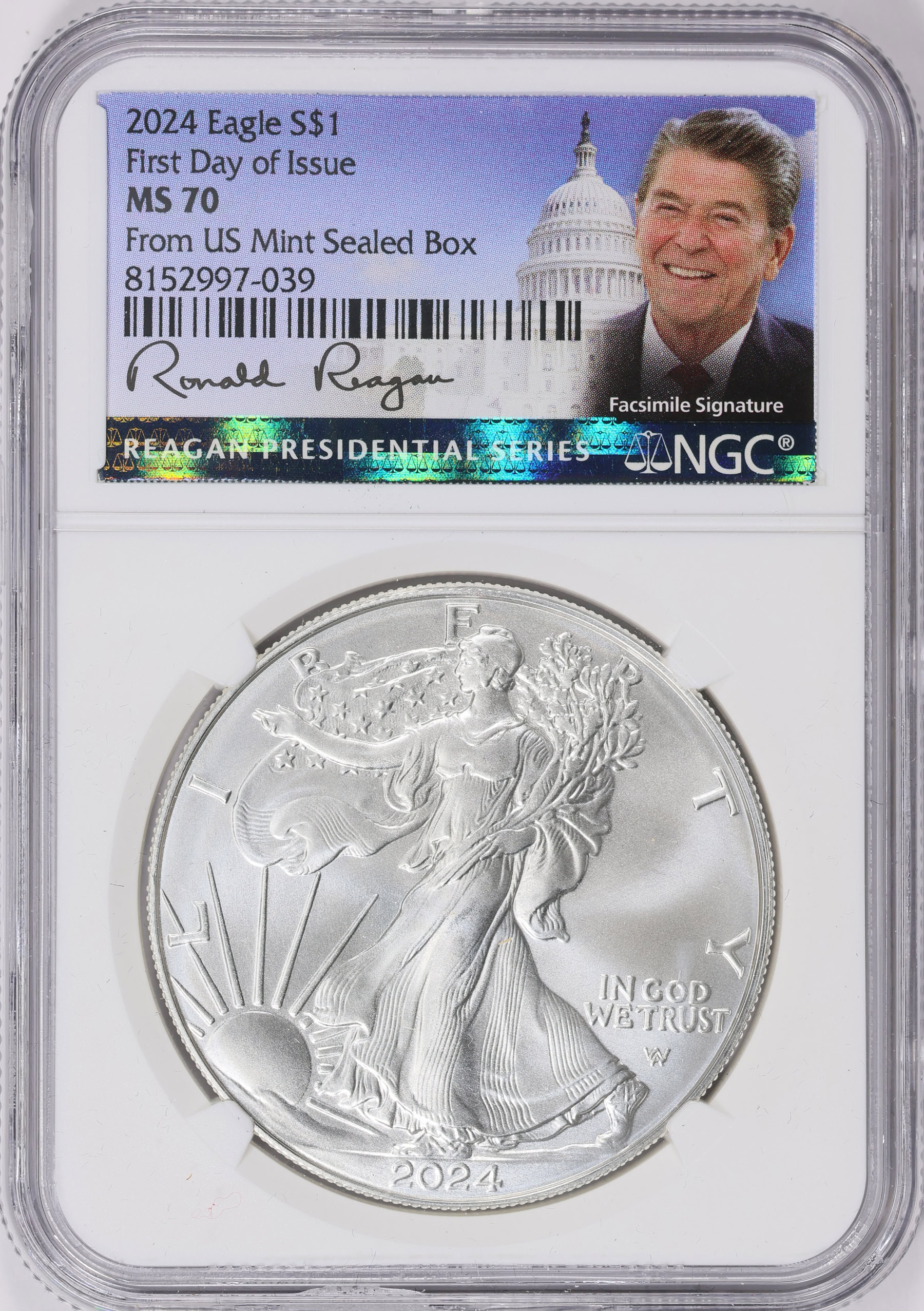 2024 $1 Silver Eagle First Day of Issue NGC MS-70 (Ronald Reagan ...