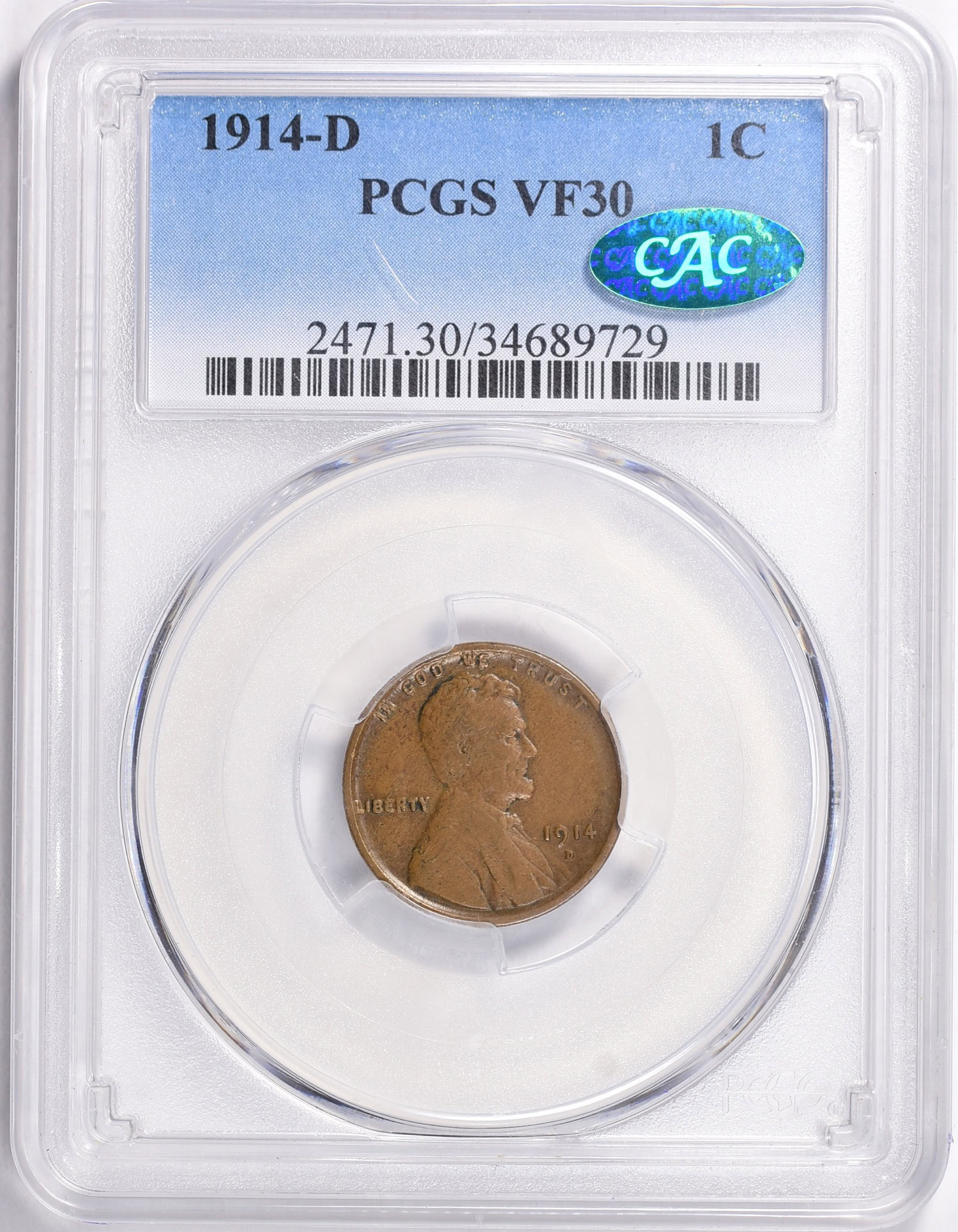 1914-D Lincoln Cent PCGS VF-30 BN (CAC Green) (Item 1664071) | GreatCollections Coin Auctions
