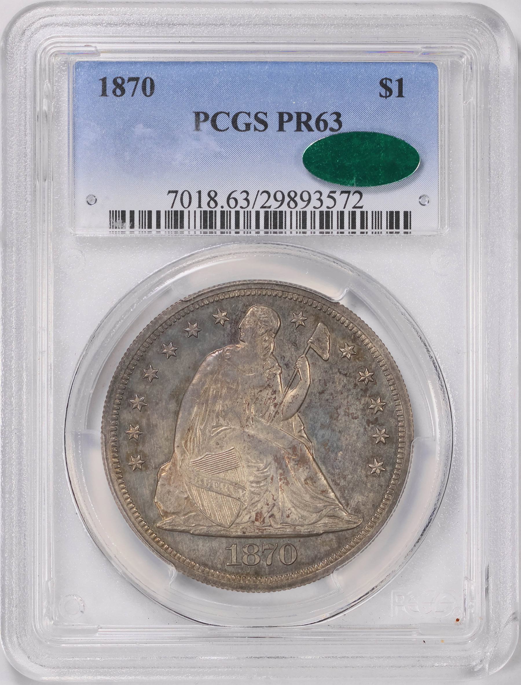 1870 Seated Liberty Silver Dollar PCGS Proof-63 (CAC Green) (Toned) (Item 1664138 ...